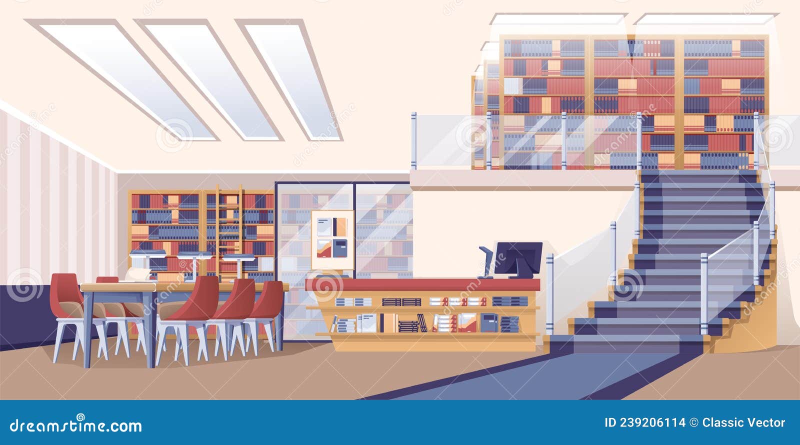 Library Interior Design Background. Room with Bookcases, Table, Chairs ...