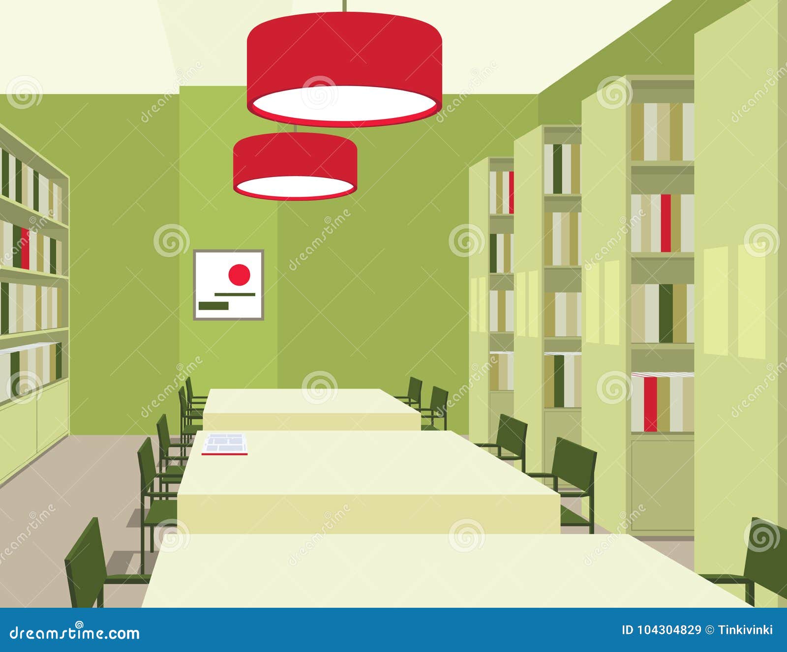 Library Interior with Tables, Chairs, Bookcases, Lights. Perspective ...