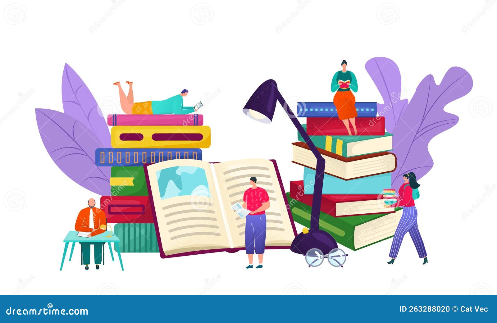 Library and Knowledge Book Reading People Vector Illustration. Tiny ...