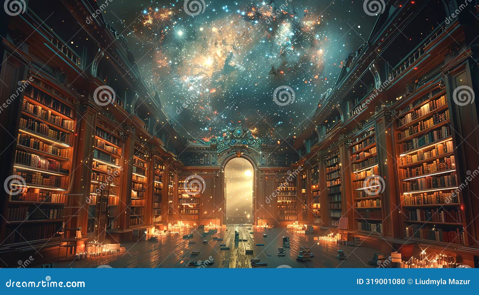 A Library with a Large Archway and a Starry Sky Above it Stock Photo ...