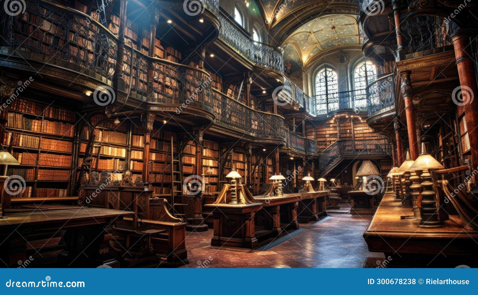 Library with a Large Collection of Books with Medieval Style Interior ...