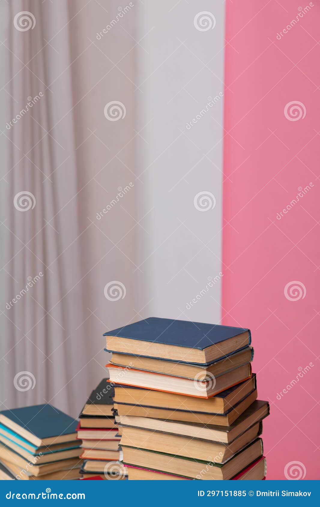 Library Learning Science Stack of Books on a White and Pink Background ...