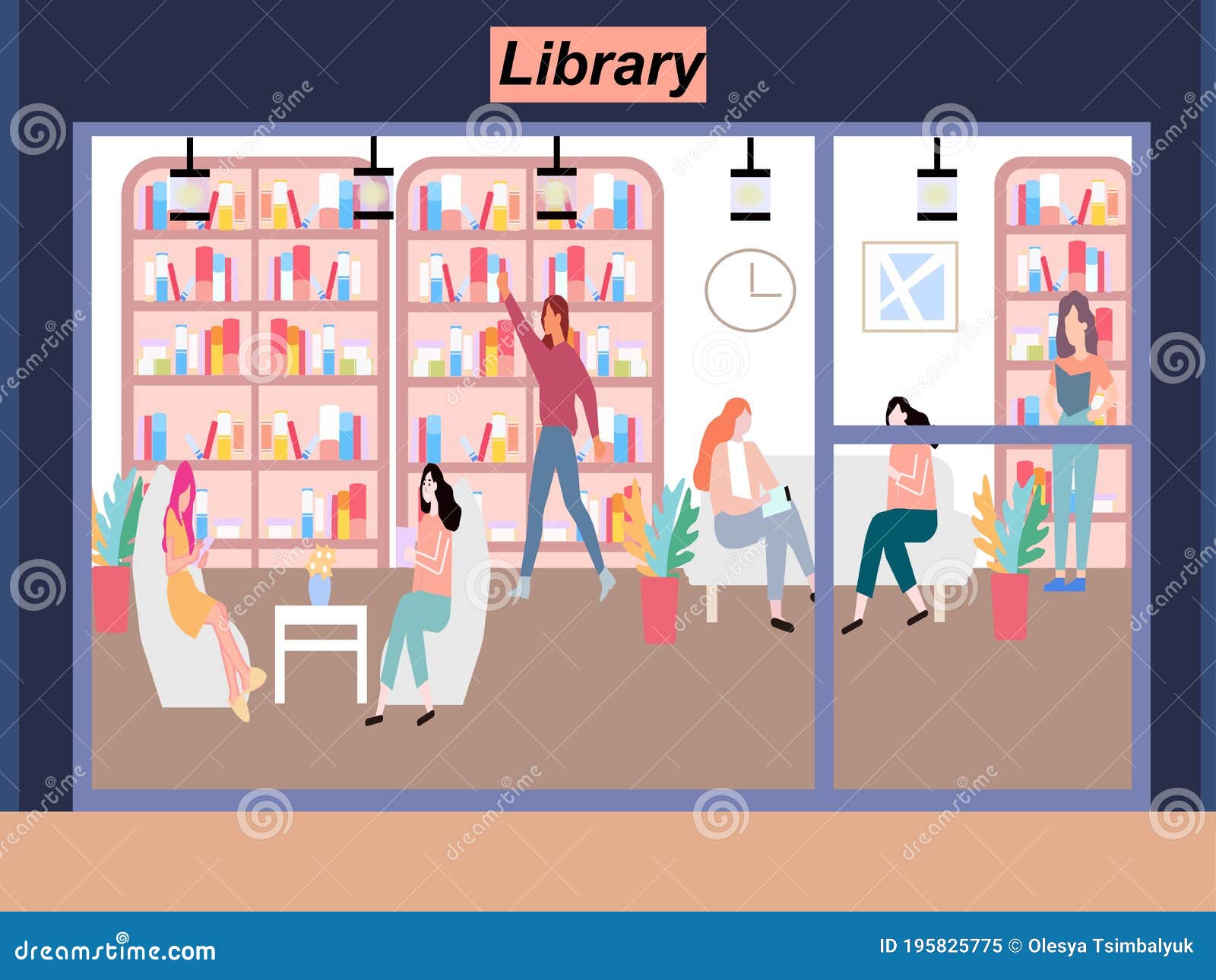Library with People Reading Books, Vector Graphics Stock Vector ...