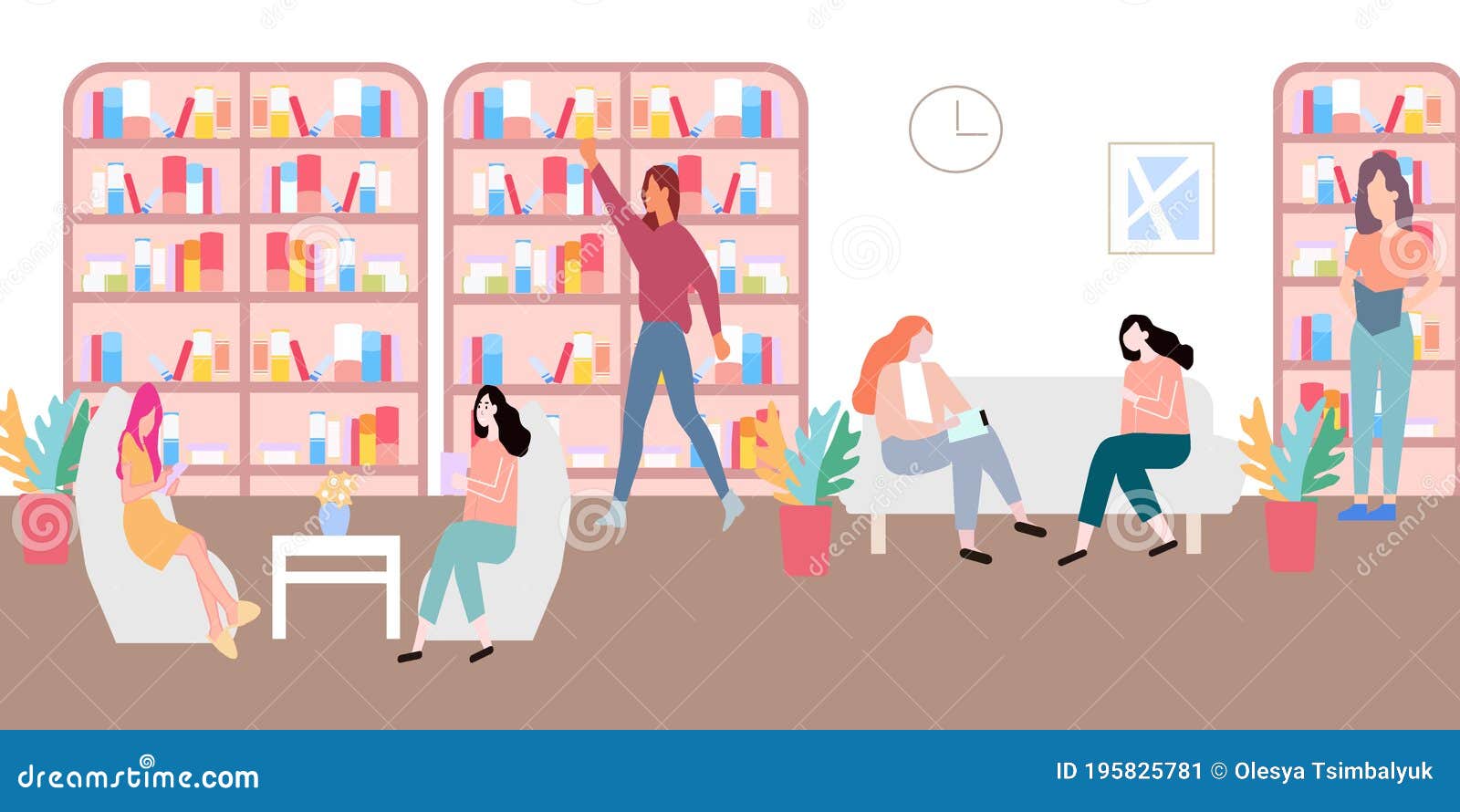 Library with People Reading Books, Vector Graphics Stock Vector ...