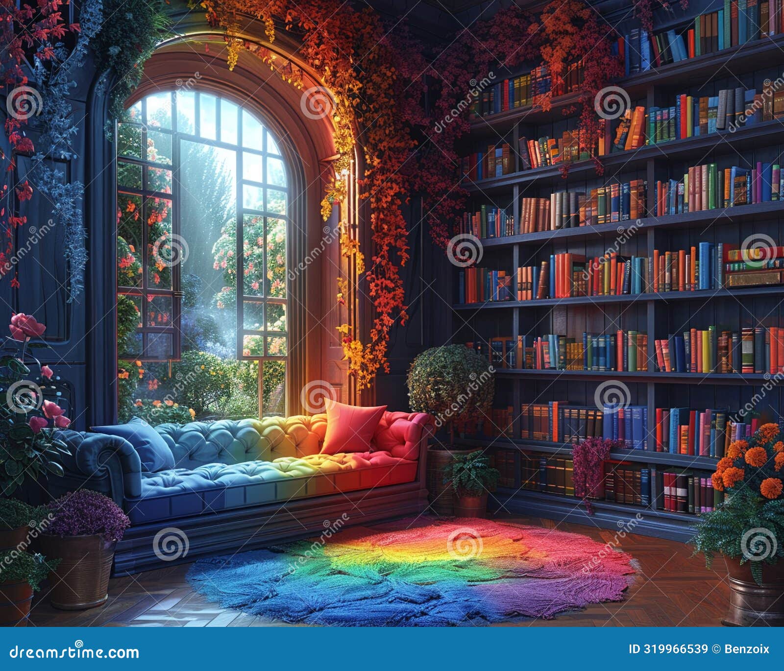 A Library with a Pride Month Book Display and Rainbow Decorations Stock ...