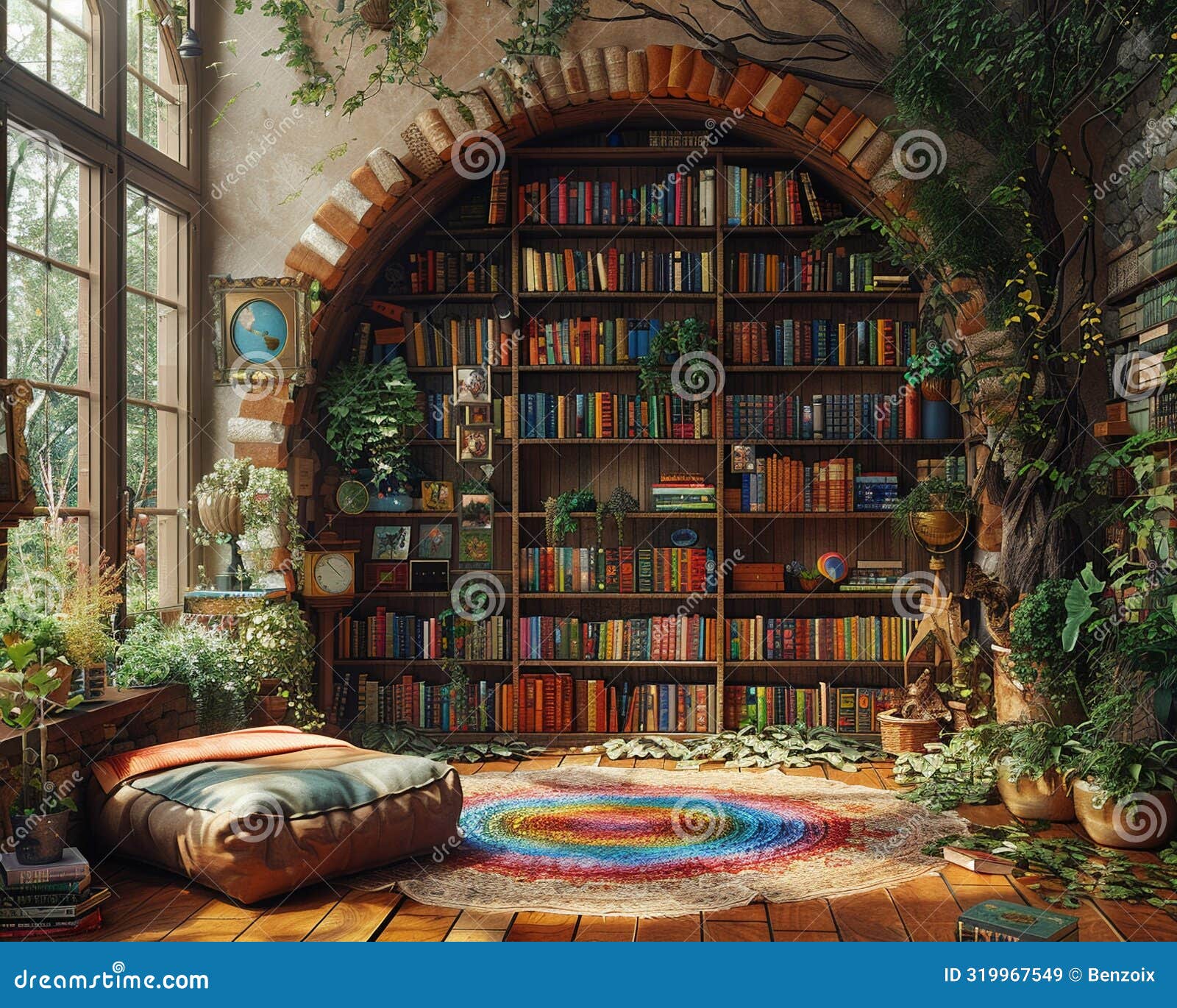 A Library with a Pride Month Book Display and Rainbow Decorations Stock ...