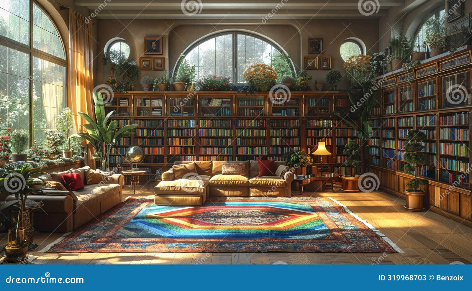 A Library with a Pride Month Book Display and Rainbow Decorations Stock ...