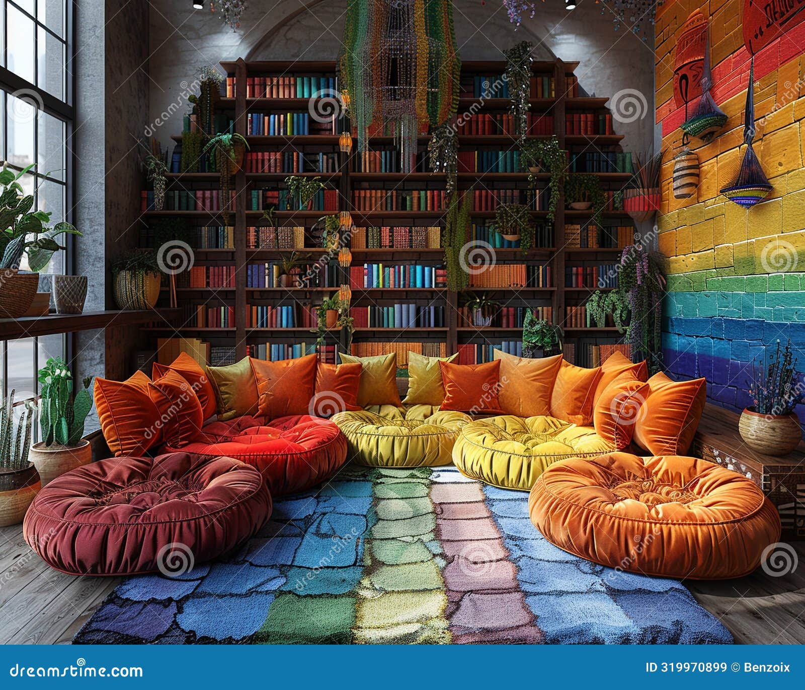 A Library with a Pride Month Book Display and Rainbow Decorations Stock ...