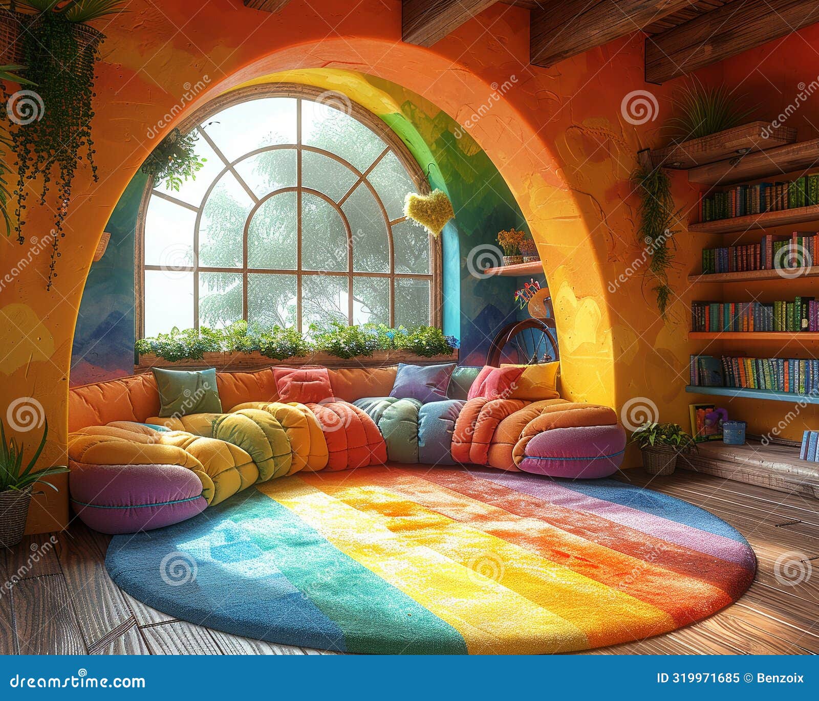 A Library with a Pride Month Book Display and Rainbow Decorations Stock ...