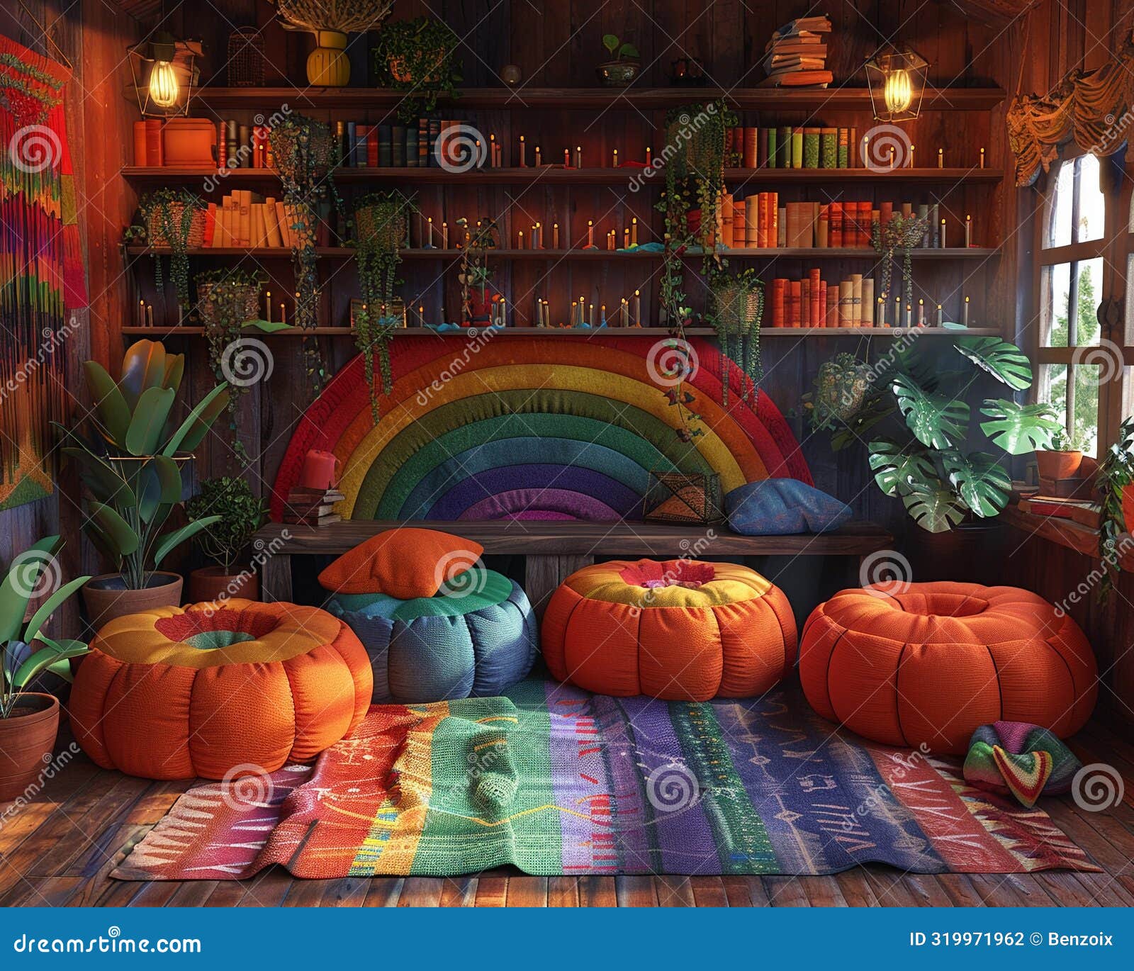 A Library with a Pride Month Book Display and Rainbow Decorations Stock ...