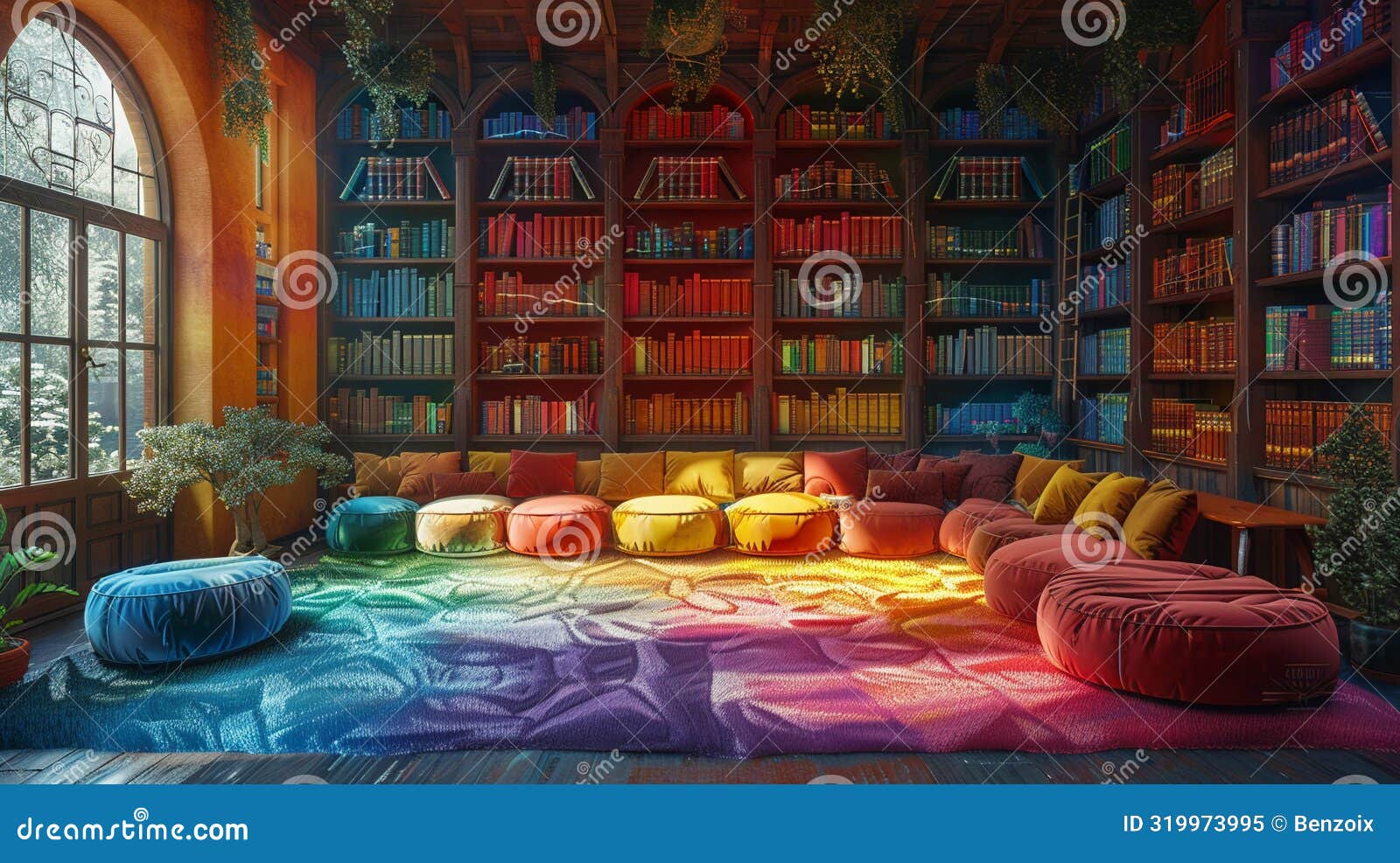 A Library with a Pride Month Book Display and Rainbow Decorations Stock ...