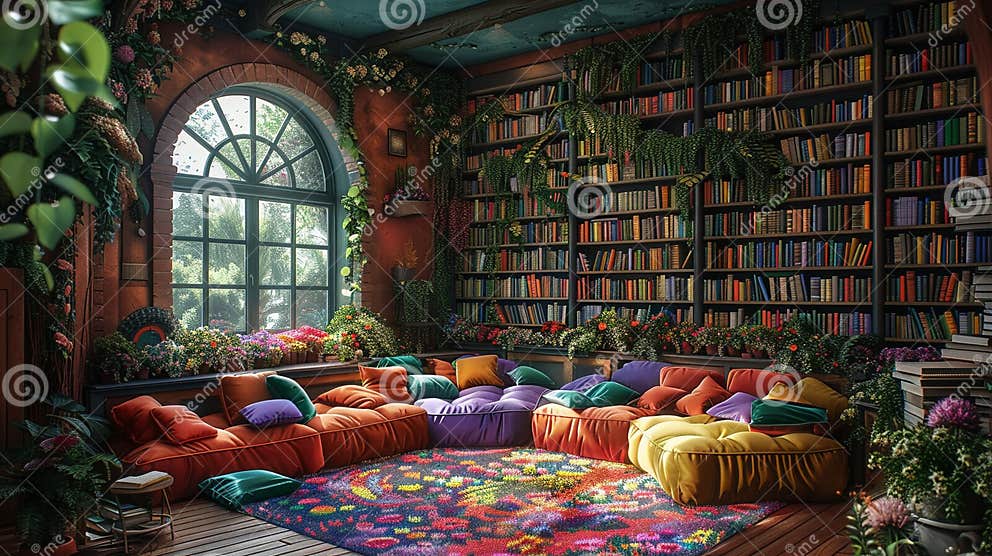 A Library with a Pride Month Book Display and Rainbow Decorations Stock ...