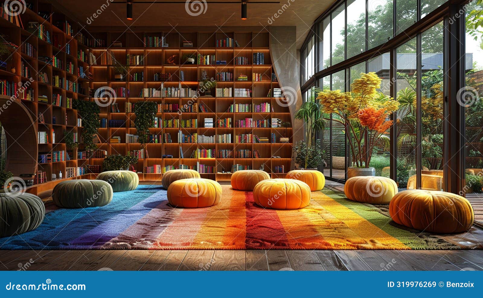 A Library with a Pride Month Book Display and Rainbow Decorations Stock ...