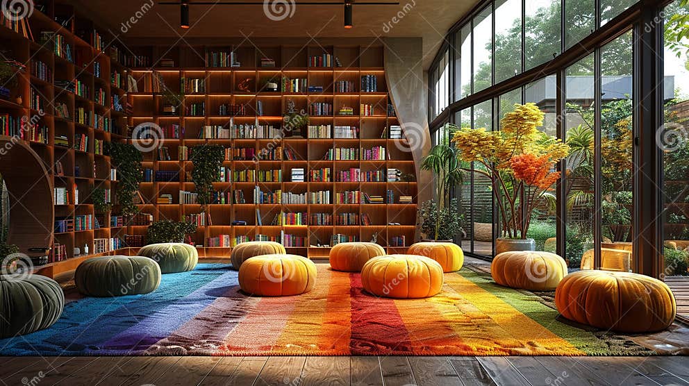 A Library with a Pride Month Book Display and Rainbow Decorations Stock ...