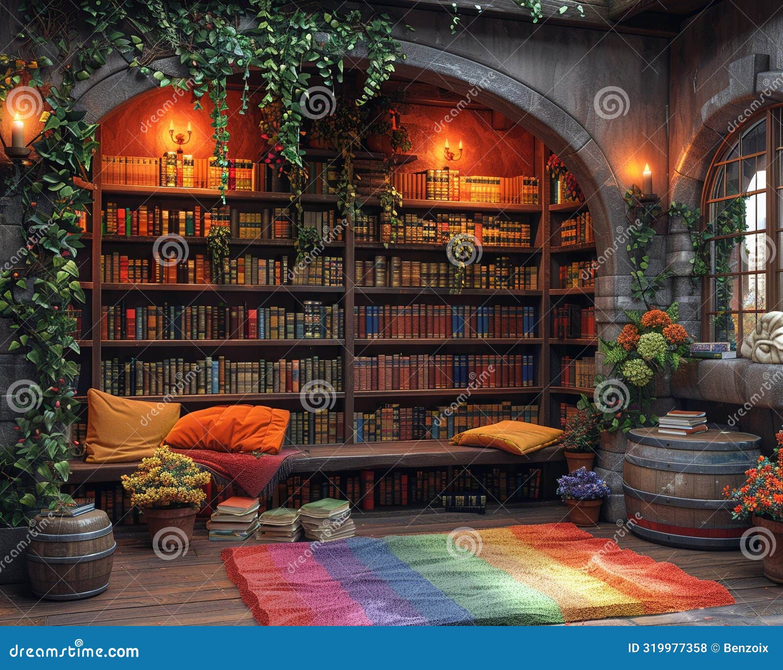 A Library with a Pride Month Book Display and Rainbow Decorations Stock ...