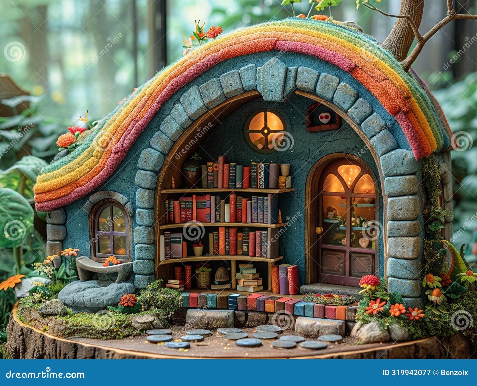 A Library with a Pride Month Book Display and Rainbow Decorations Stock ...