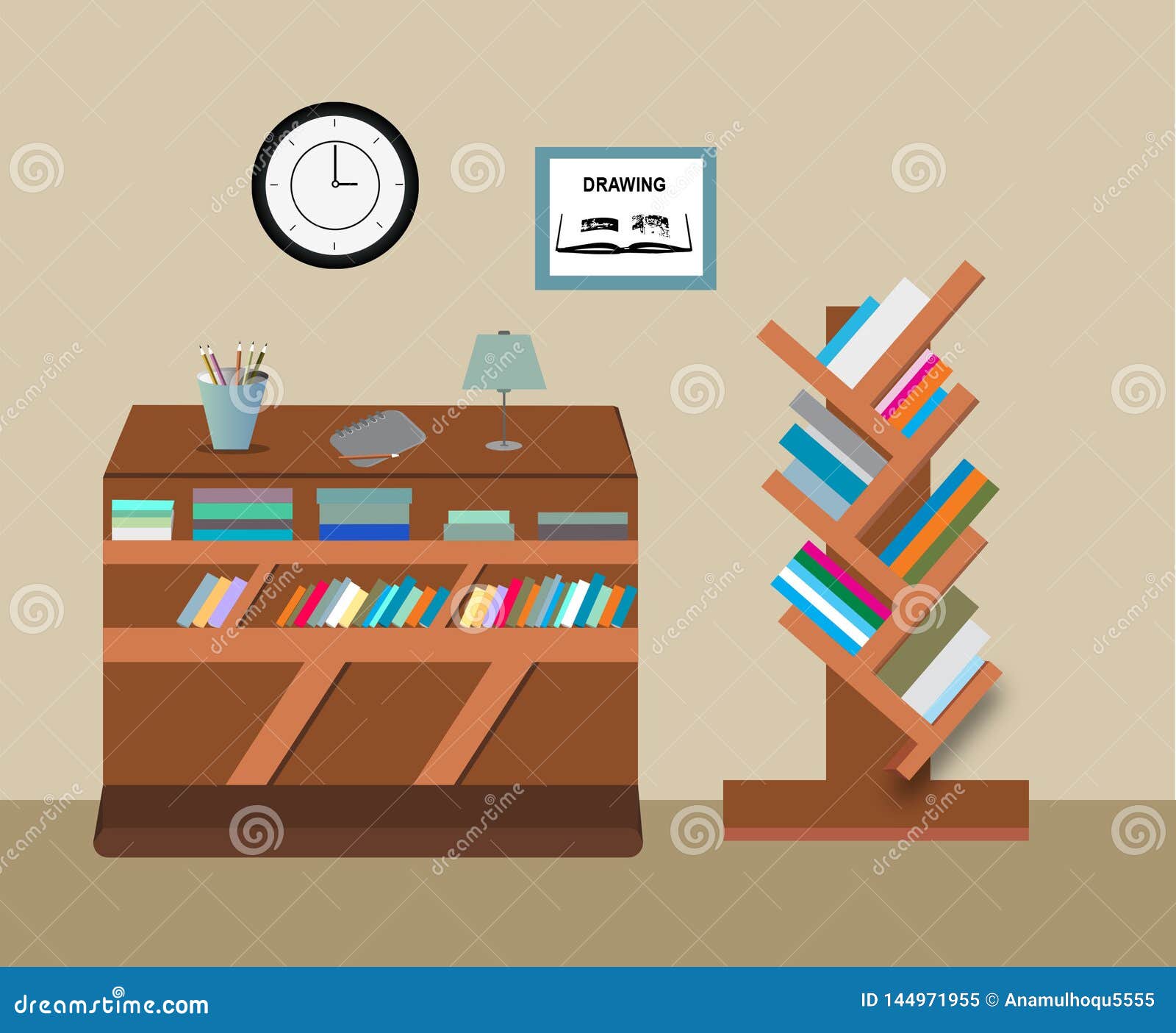 Library and reading tables stock illustration. Illustration of library ...