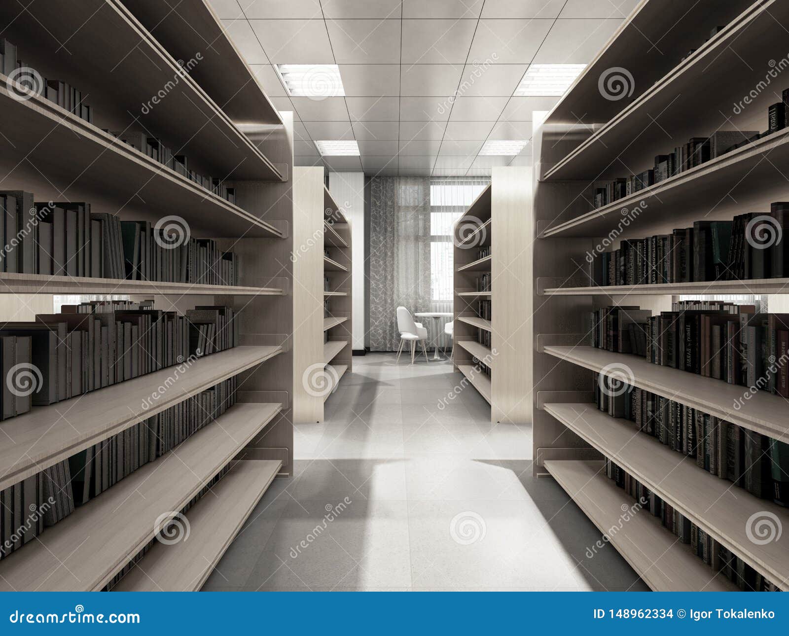 Library Room Bookshelves Tables with Chairs Light Library Room 3d ...