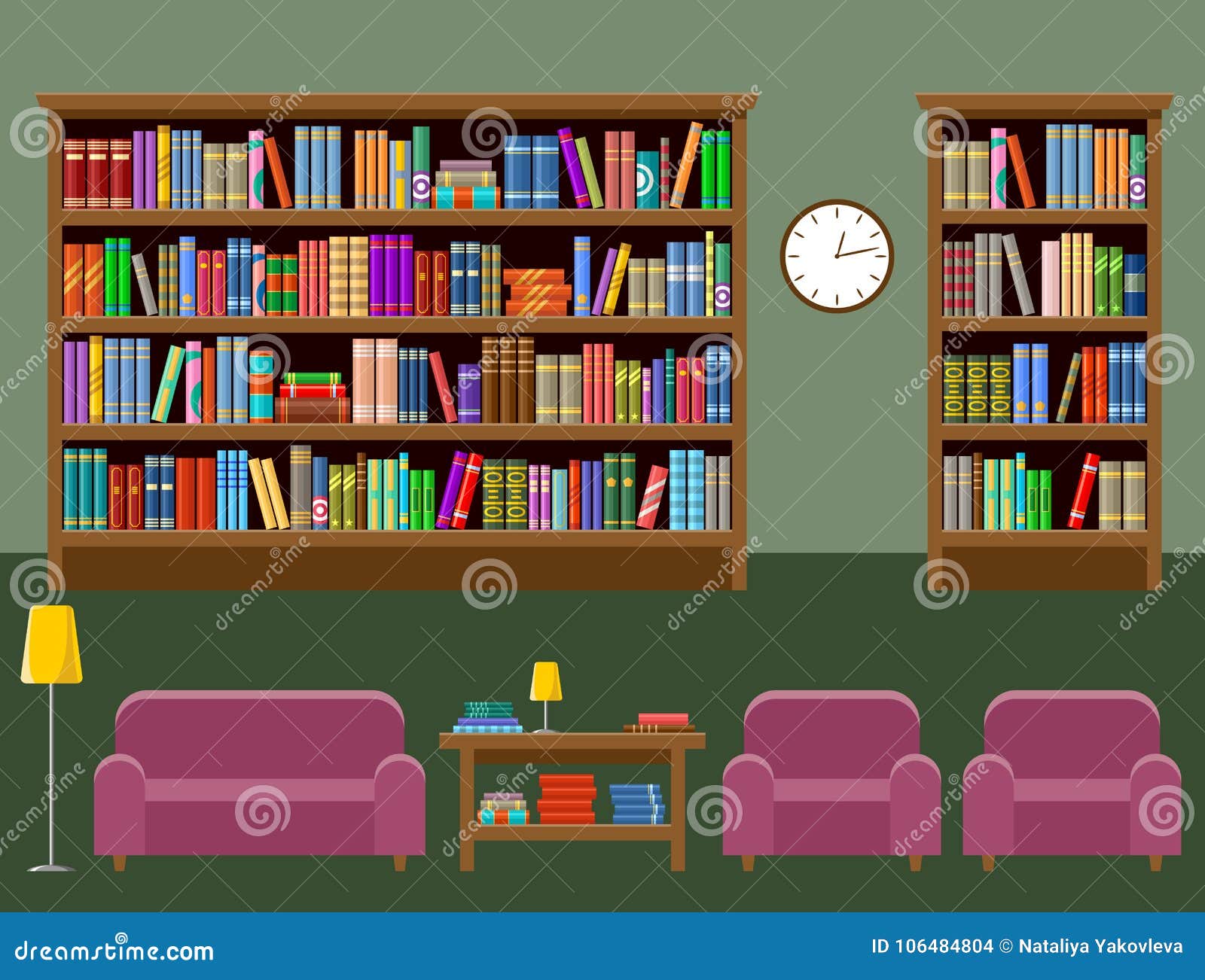 Library room. Interior stock vector. Illustration of bookshelf - 106484804