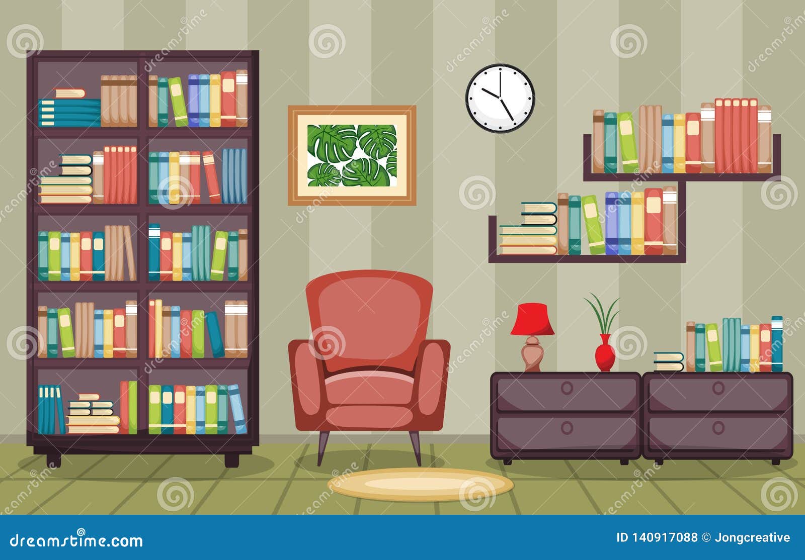 Library Room Interior Stack of Book on Bookshelf Flat Design Stock ...