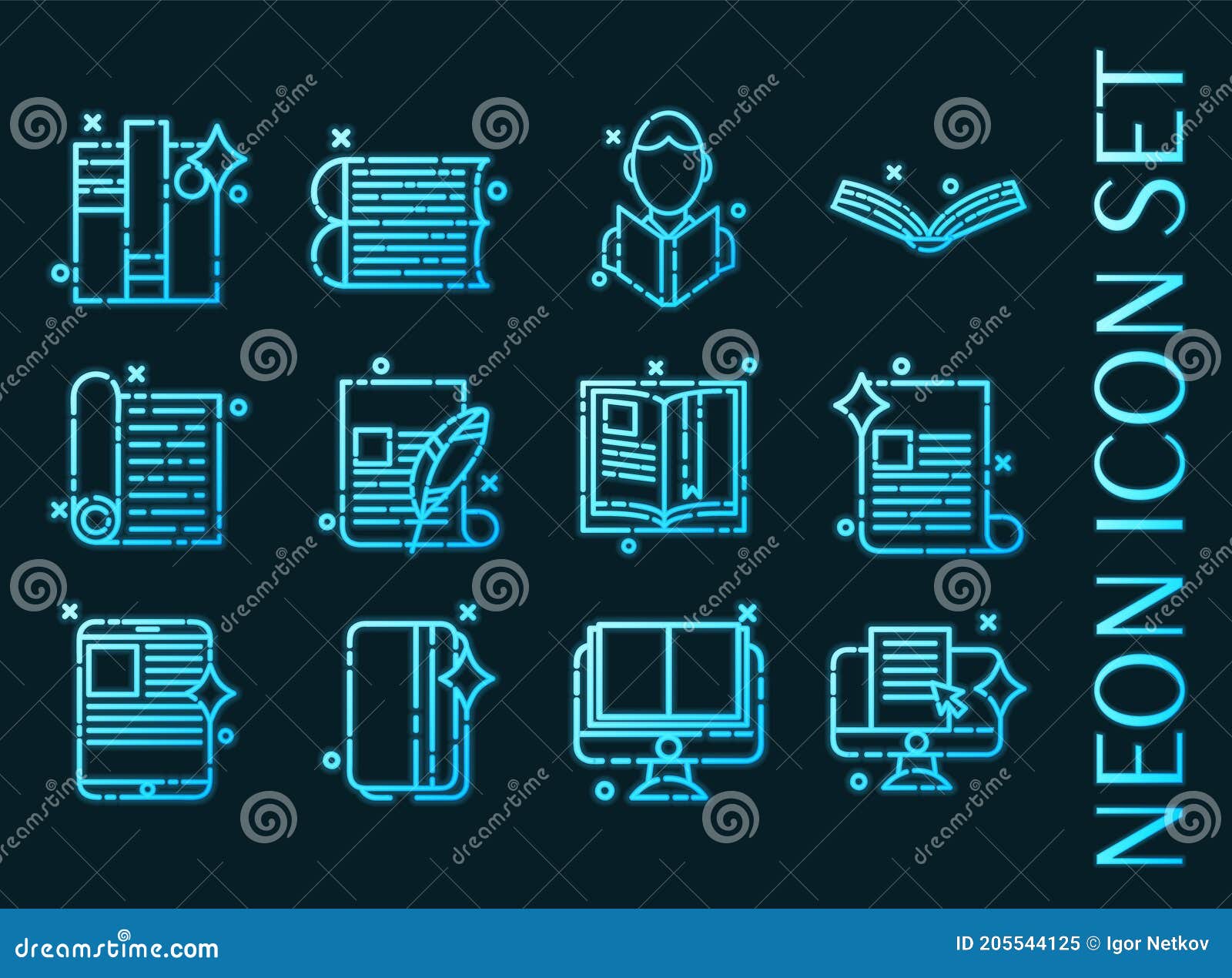 Library Set Icons. Blue Glowing Neon Style Stock Vector - Illustration ...