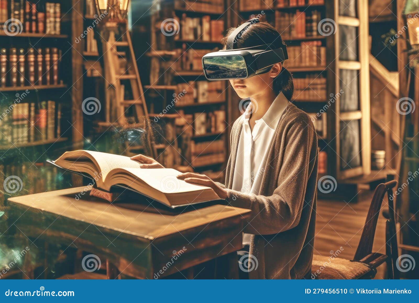 In a Library Setting, a Boy Dons 3D Glasses, Embodying the Concept of ...