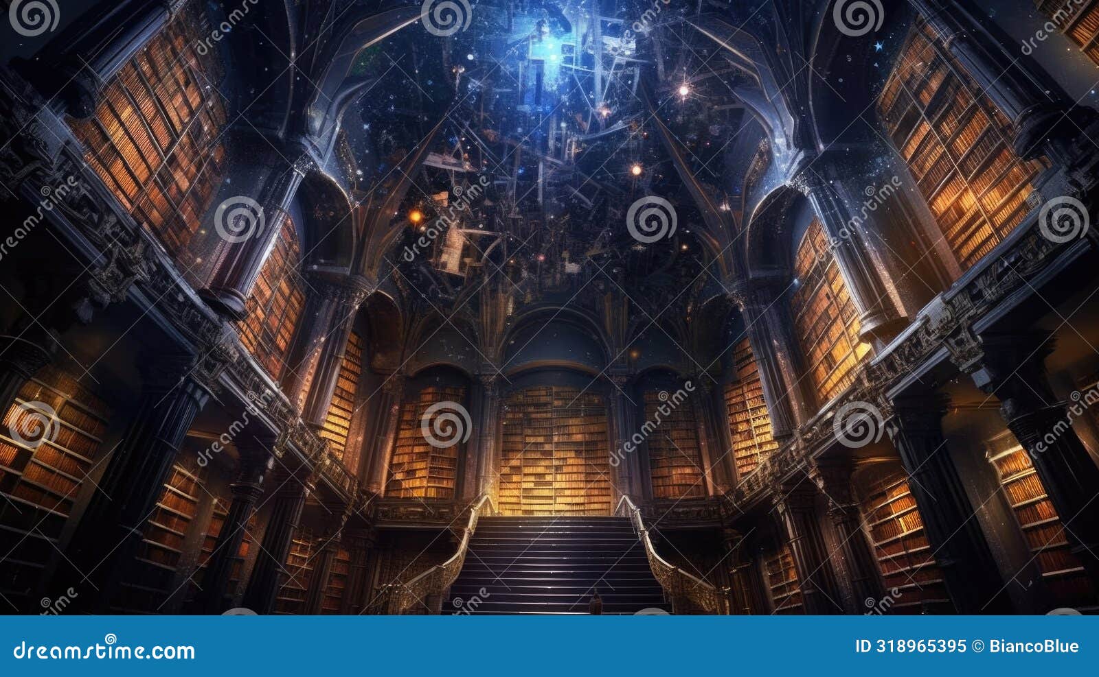 A Library with a Starry Night Sky instead of a Ceiling AIG51A Stock ...