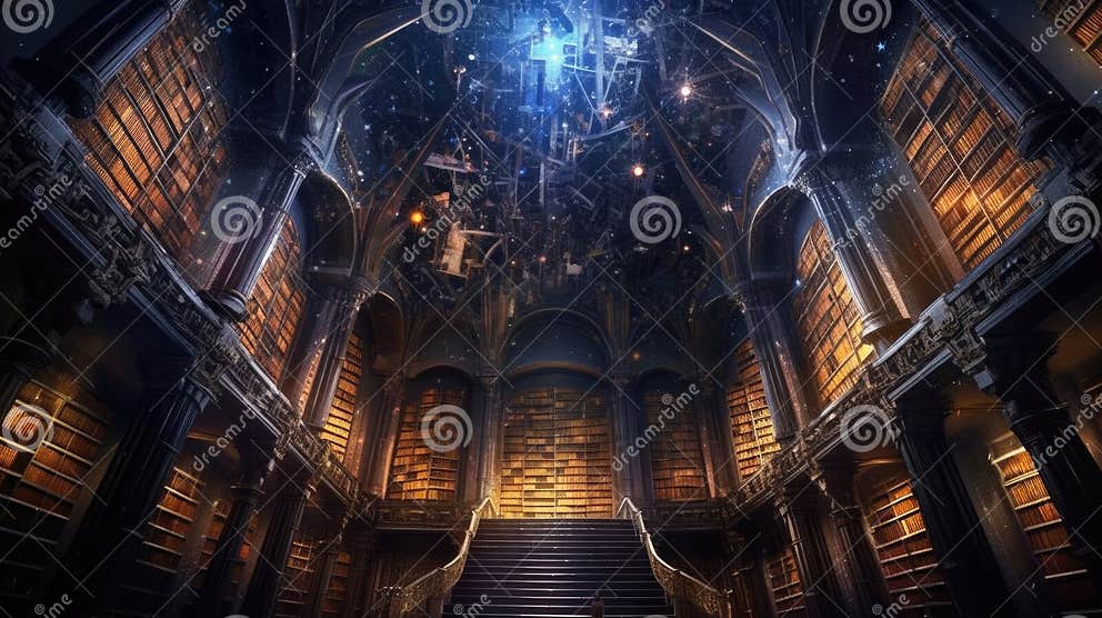 A Library with a Starry Night Sky instead of a Ceiling AIG51A Stock ...