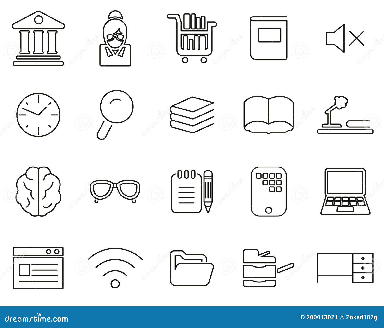Library or Study Icons Black & White Thin Line Set Big Stock Vector ...