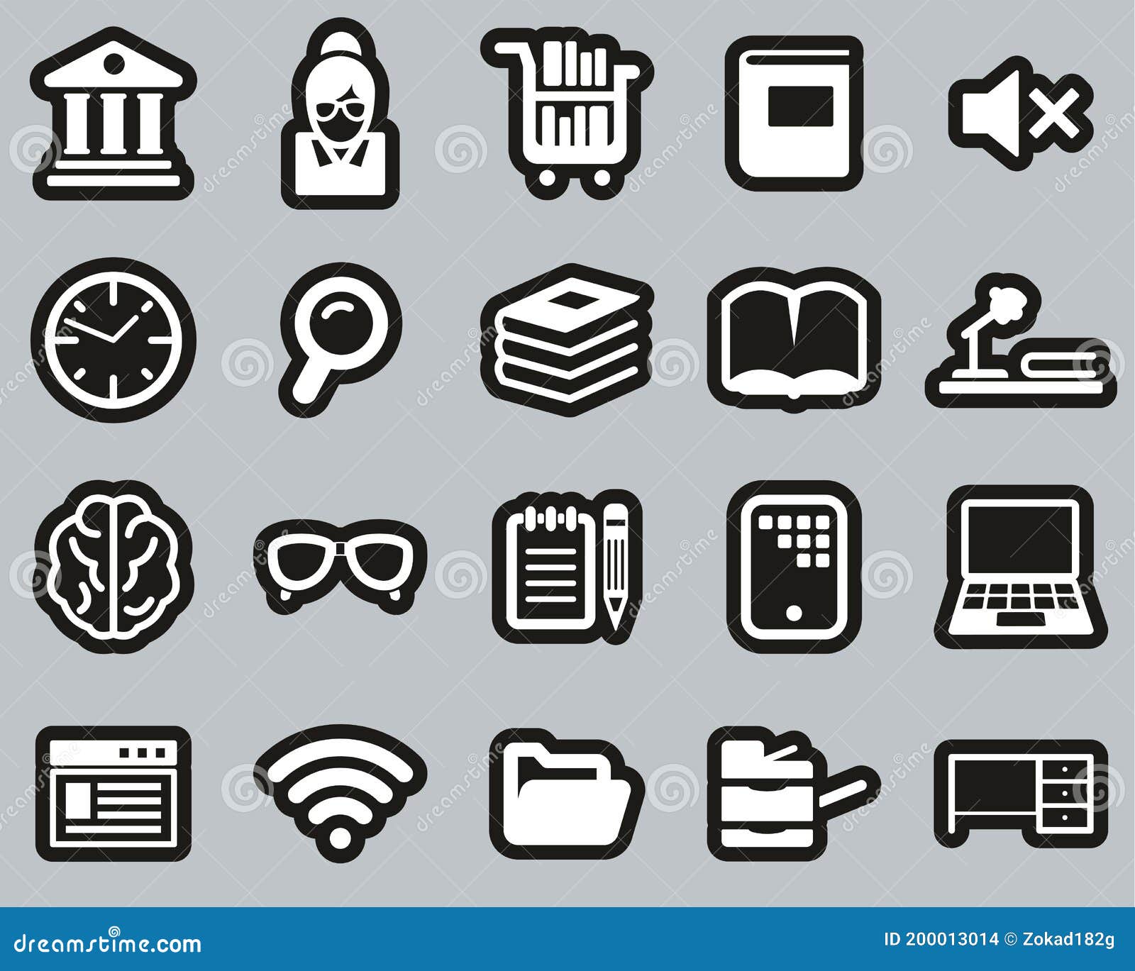 Library or Study Icons White on Black Sticker Set Big Stock Vector ...