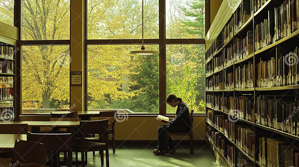 Library Study: a Quiet Library Setting with a Student Deeply Focused ...