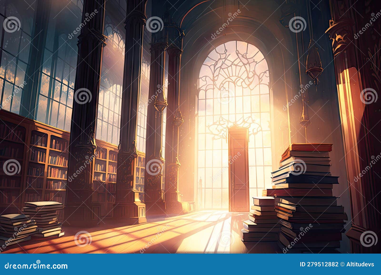 A Library with Sun Rays Shining through the Windows and Books on the ...