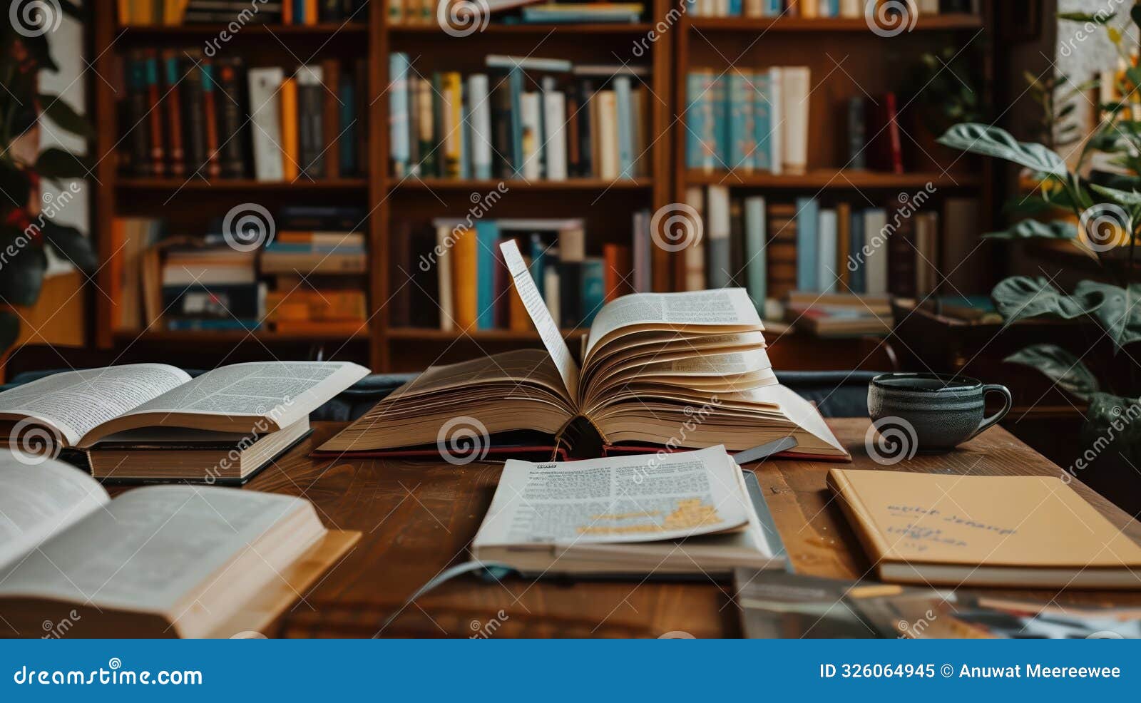 Library Table with Multiple Books Open and a Notebook Ready for ...