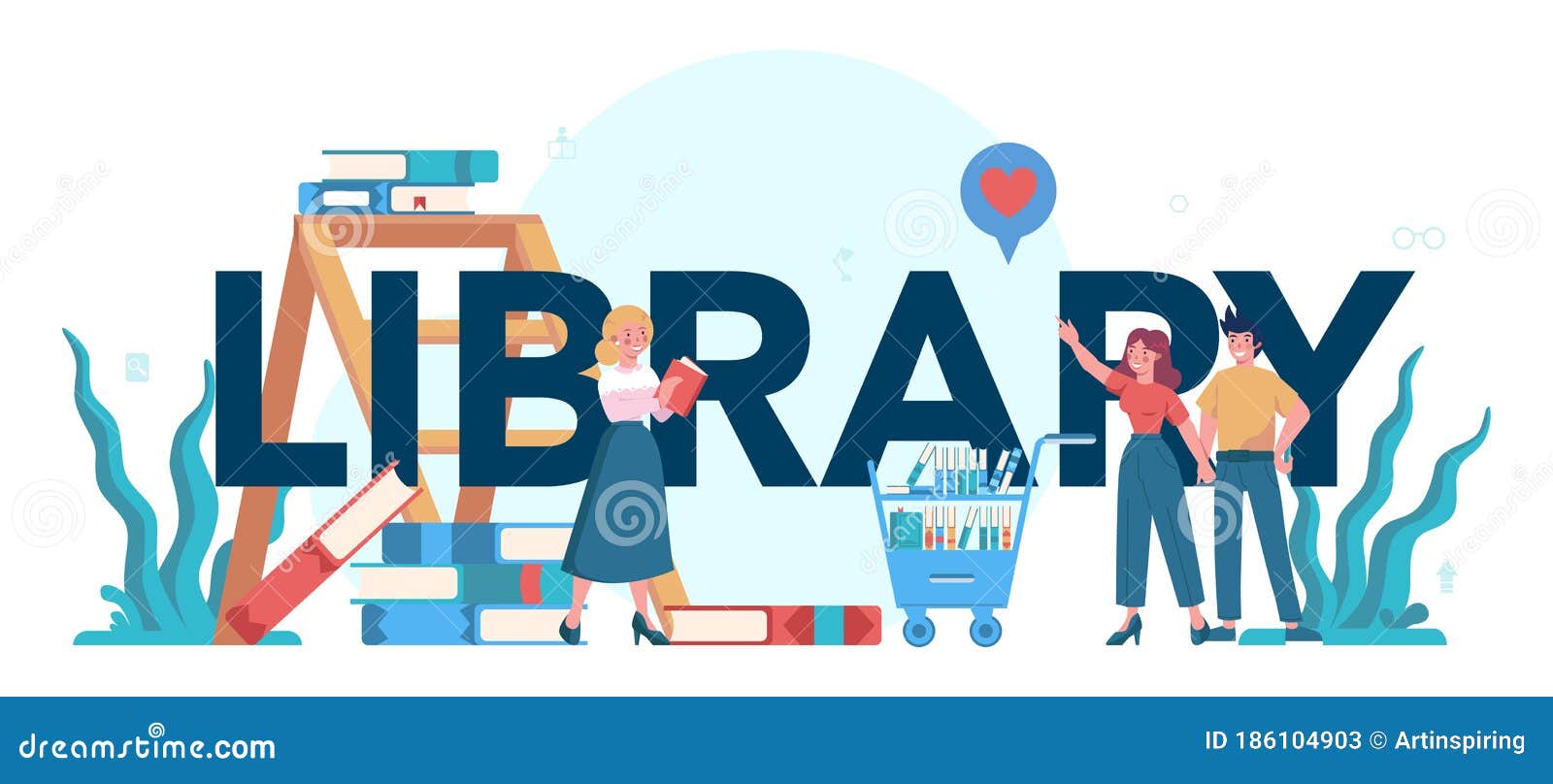 Library Typographic Header Concept. Library Staff Holding and Sorting ...