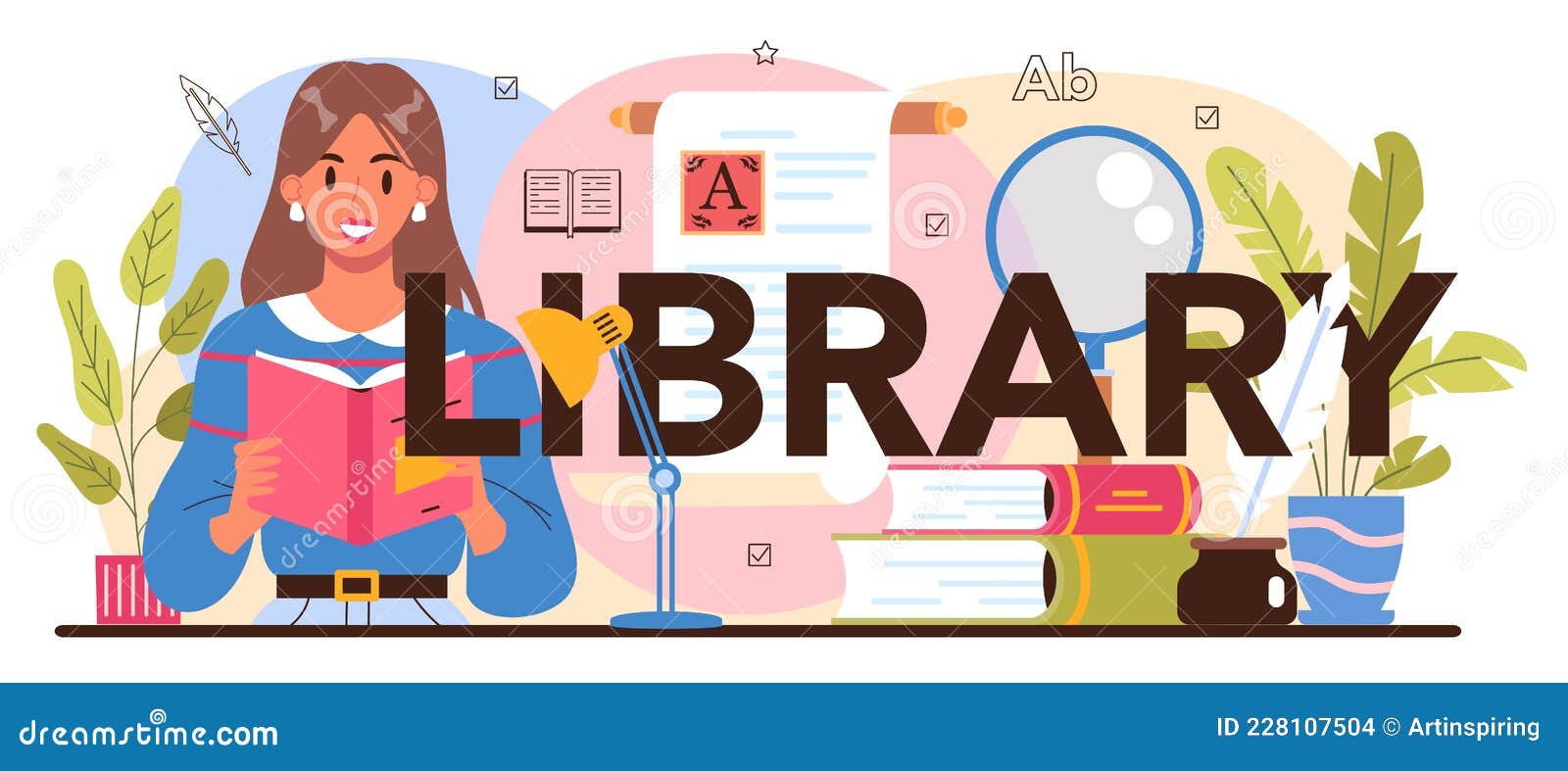 Library Typographic Header. Library Staff Cataloguing and Sorting Books ...