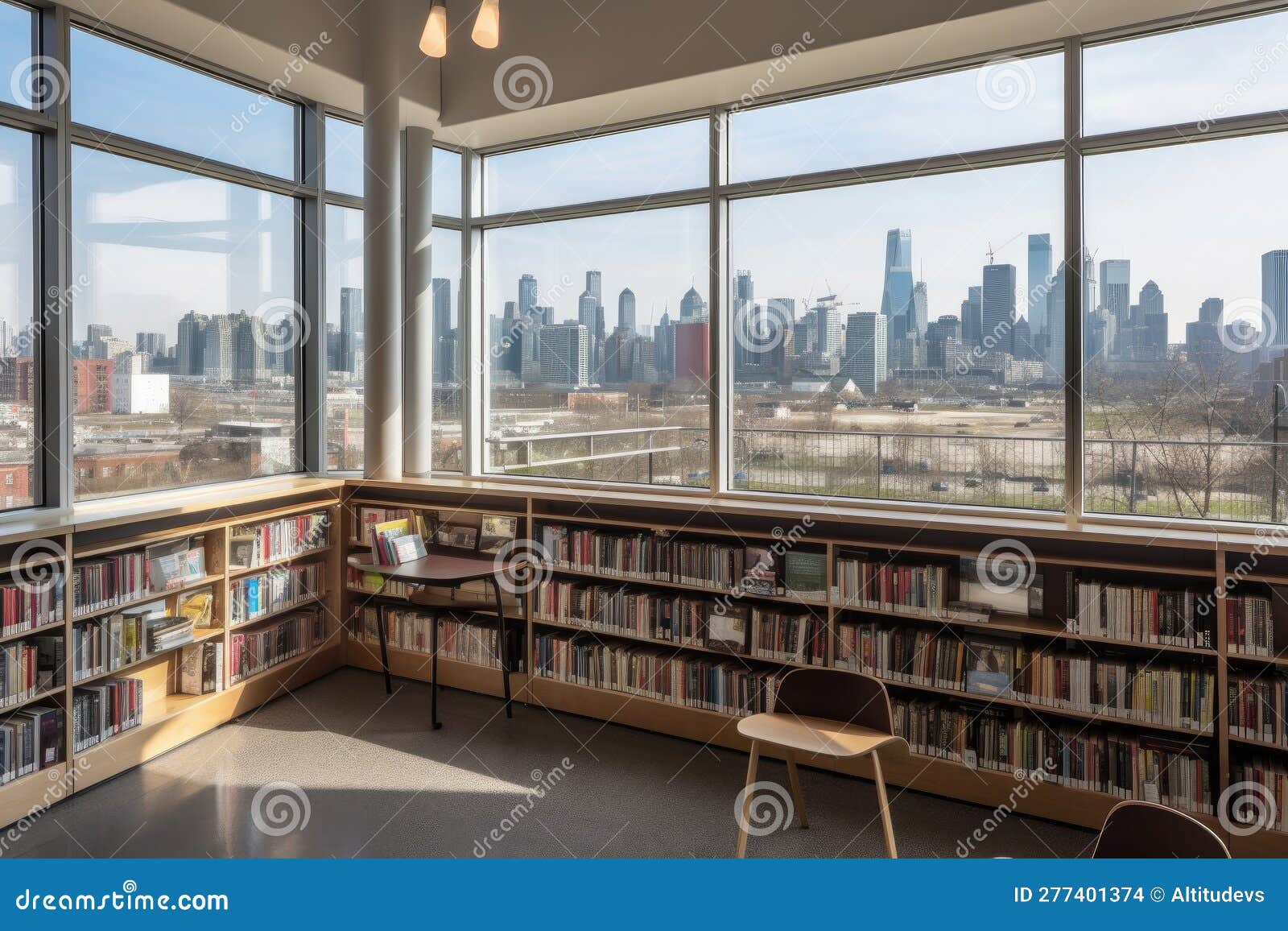 Library, with View of Bustling City Skyline in the Background Stock ...