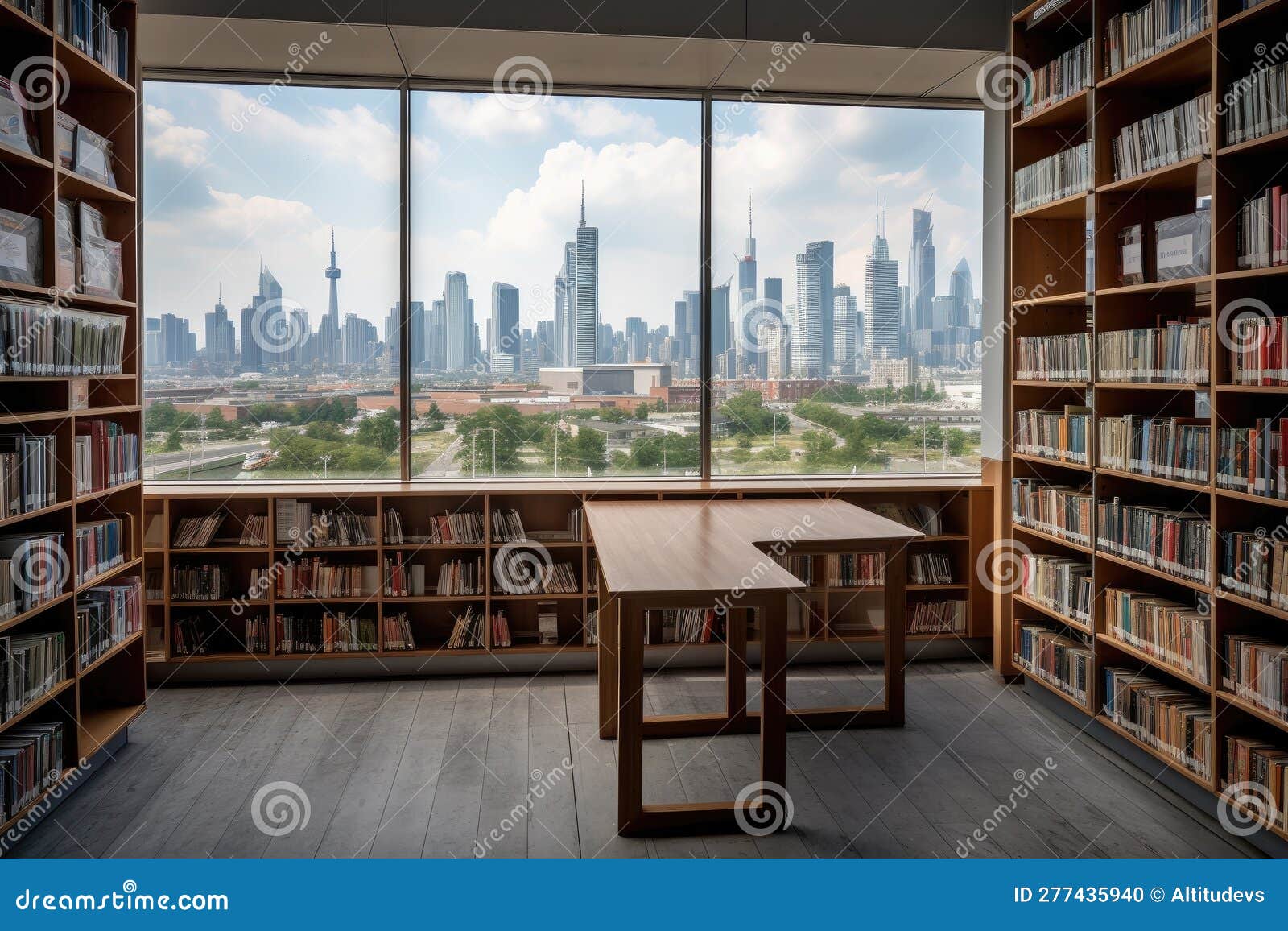 Library, with View of Bustling City Skyline in the Background Stock ...