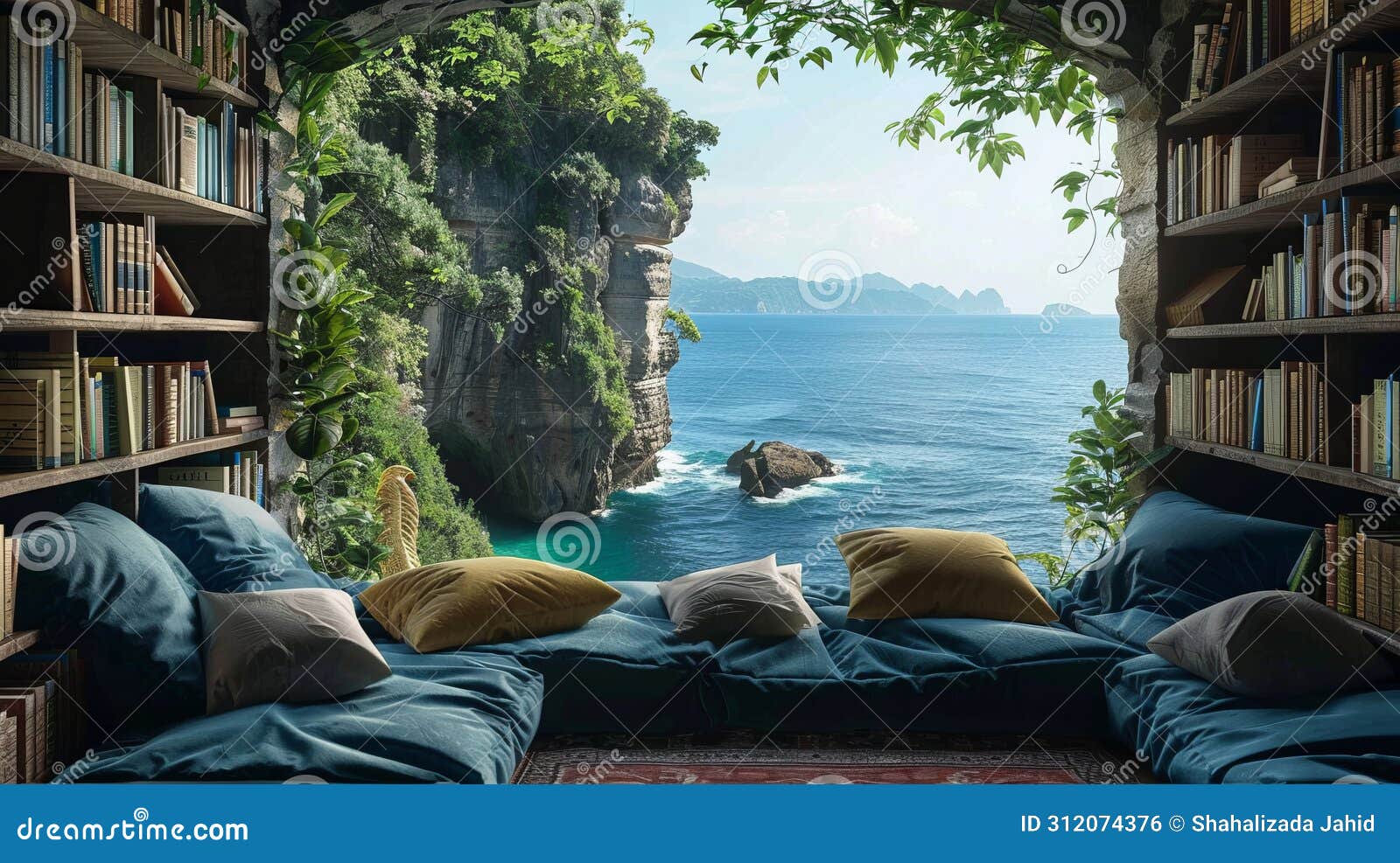 A Library with a View of the Ocean through a Window Stock Photo - Image ...