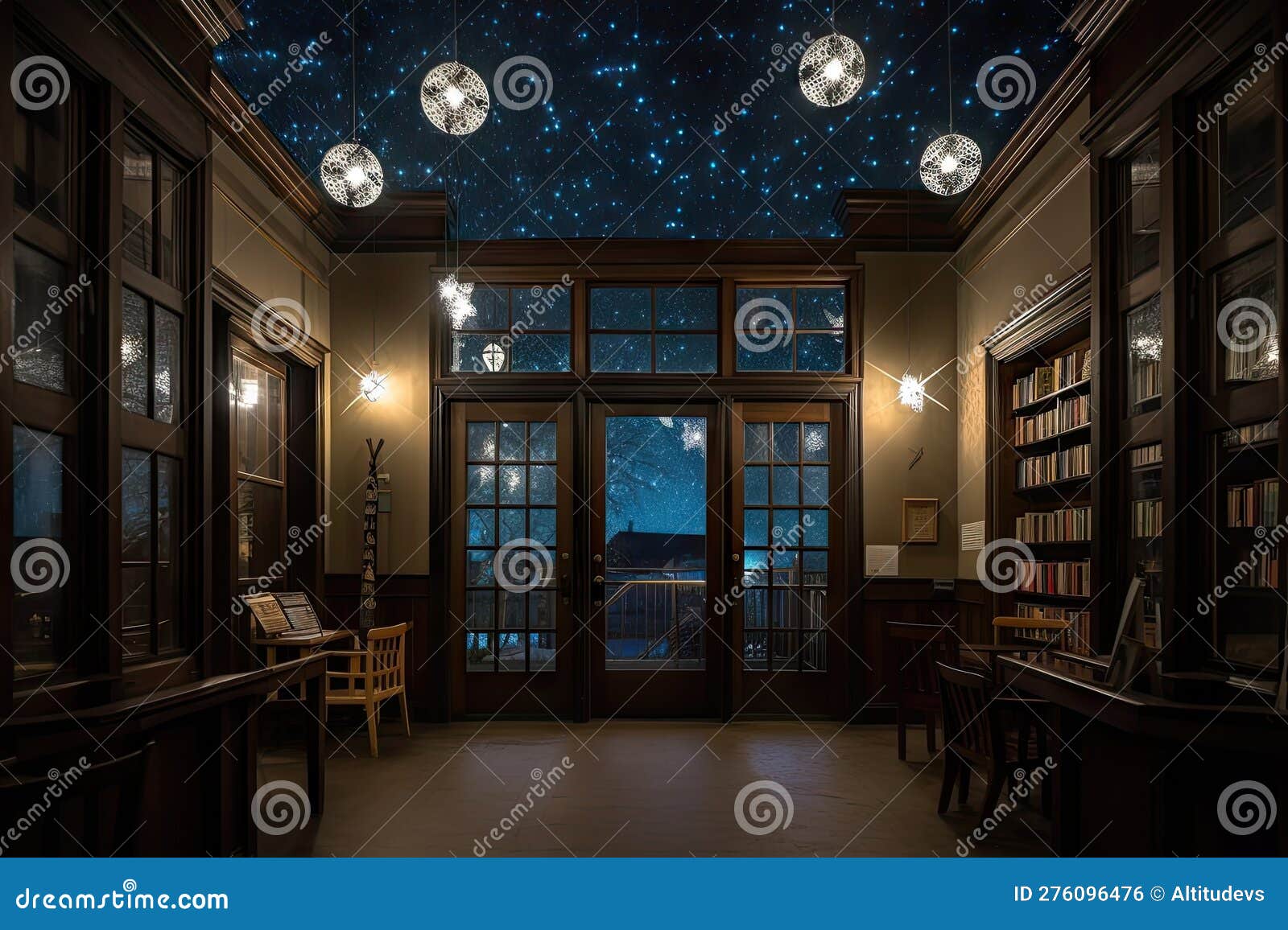 Library, with View of a Starry Night Sky, and Lanterns Illuminating the ...