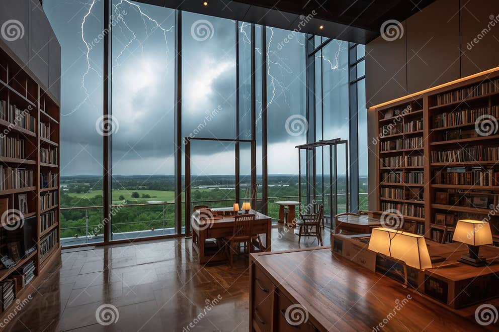 A Library with a View of a Stormy Sky, and Lightning Flashes in the ...