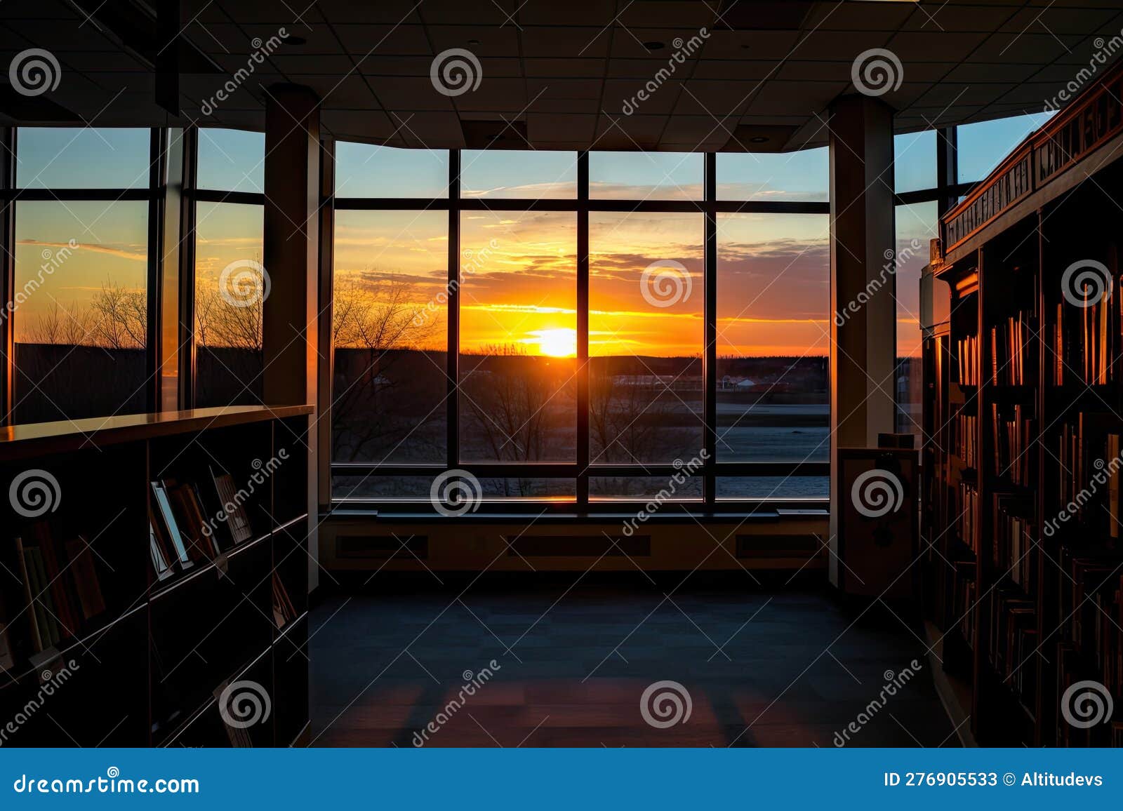 Library, with View of Sun Setting Behind the Horizon Stock Illustration ...