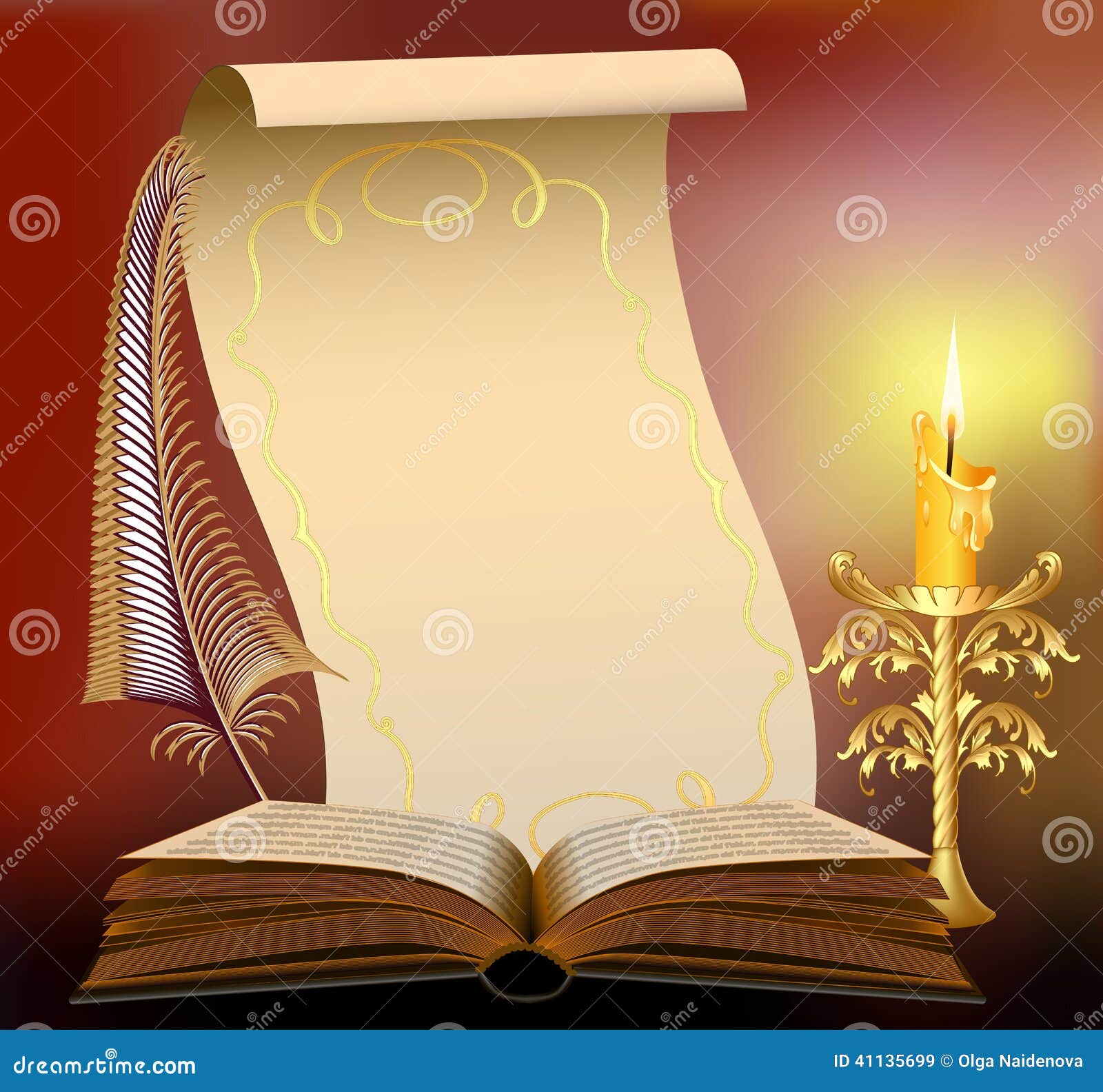 Libro Con El Papiro Ardiente De La Vela Y De La Pluma Ilustración del ...