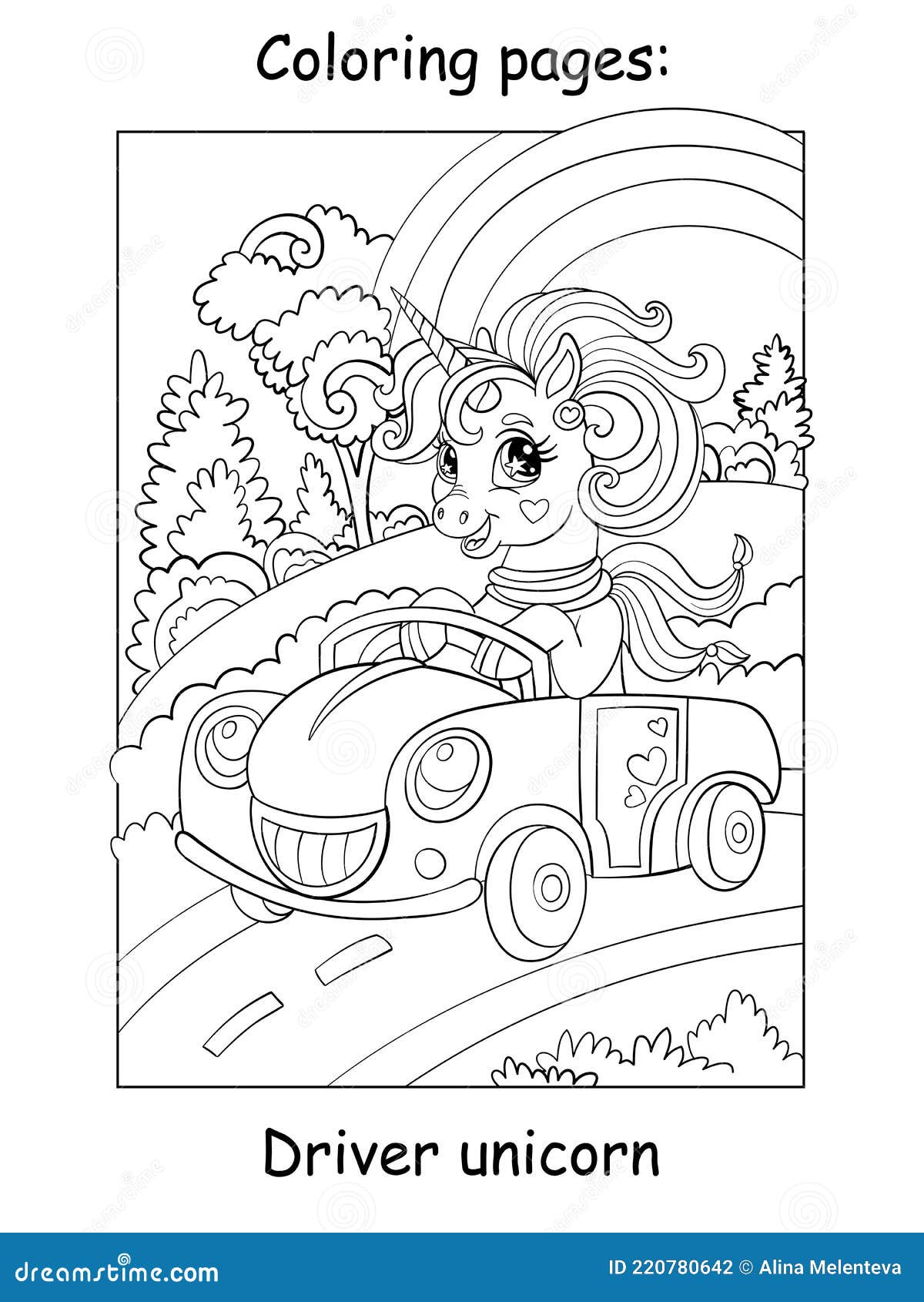 Libro Para Colorear Página Lindo Unicornio Conducir Un Coche ... Libro Para Colorear Página Lindo Unicornio Conducir Un Coche ...