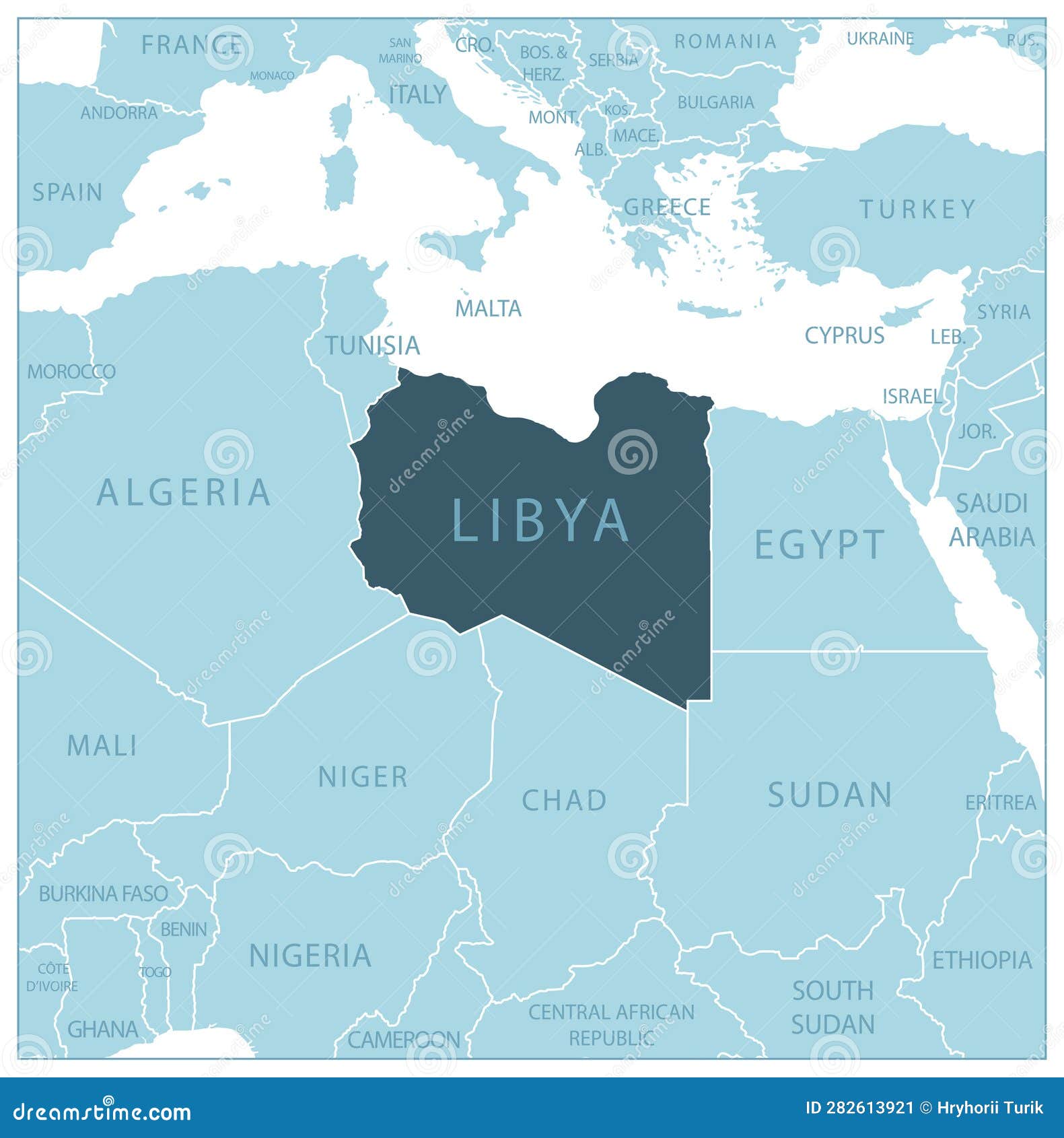 Libya - Blue Map with Neighboring Countries and Names Stock ...