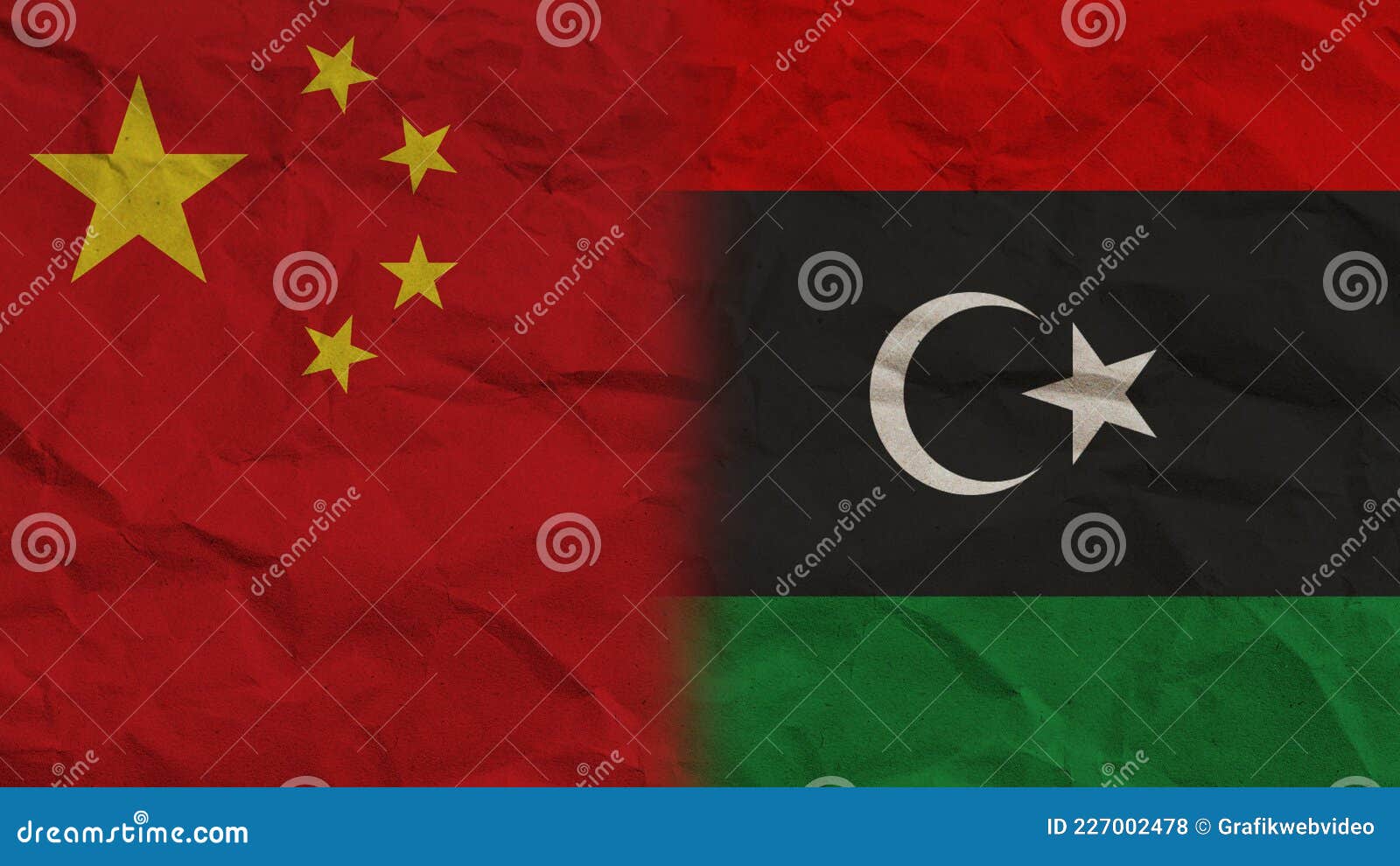 Libya and China Flags Together, Crumpled Paper Effect 3D Illustration ...
