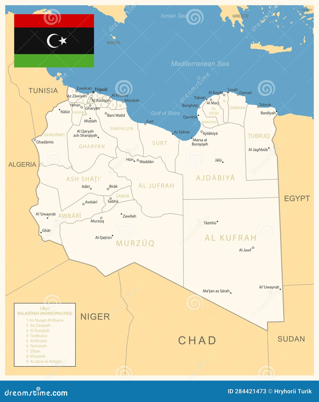 Libya - Detailed Map with Administrative Divisions and Country Flag ...