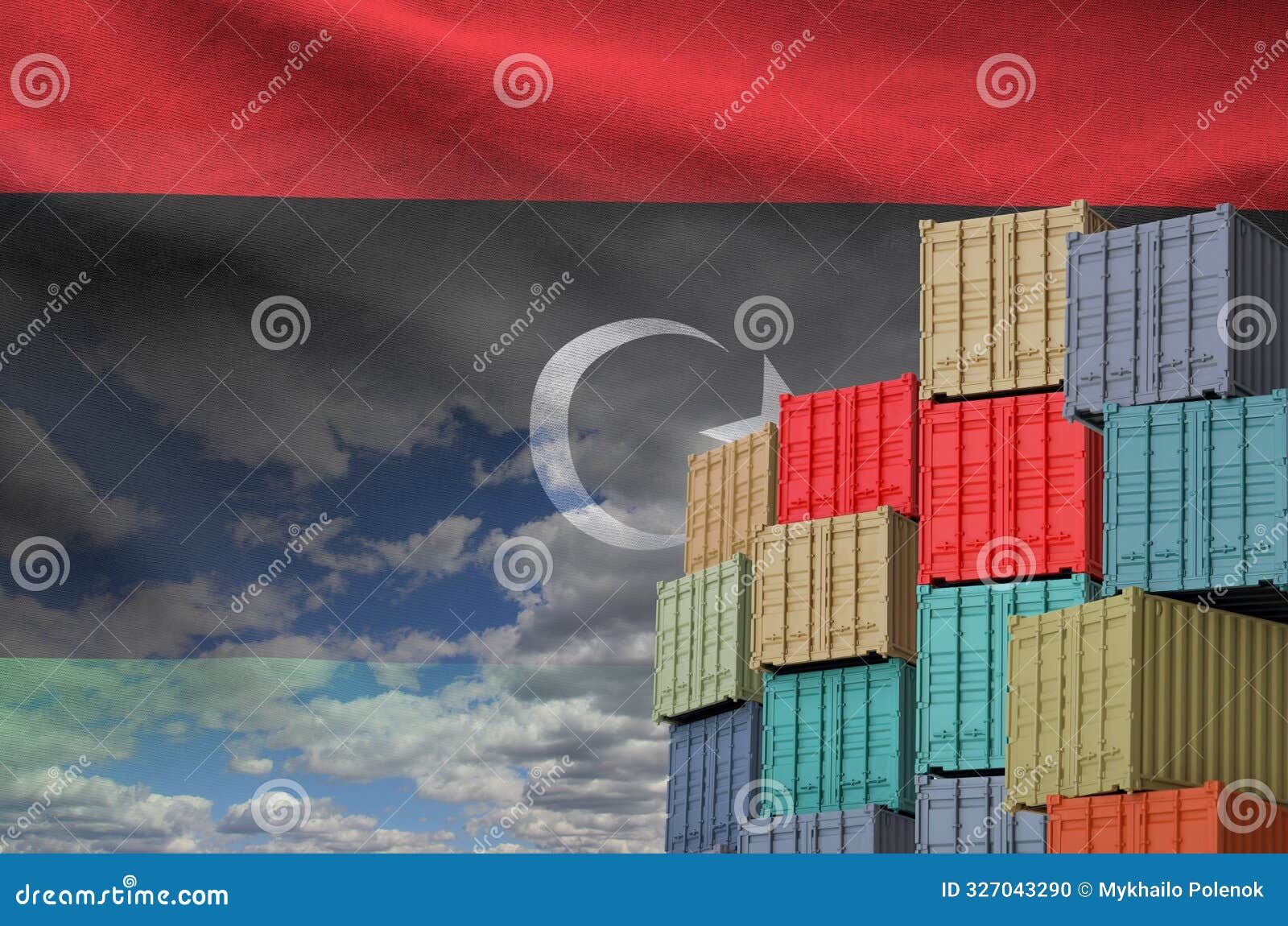 Libya Flag and Big Stack of Shipping Cargo Containers in Docks with Sky ...