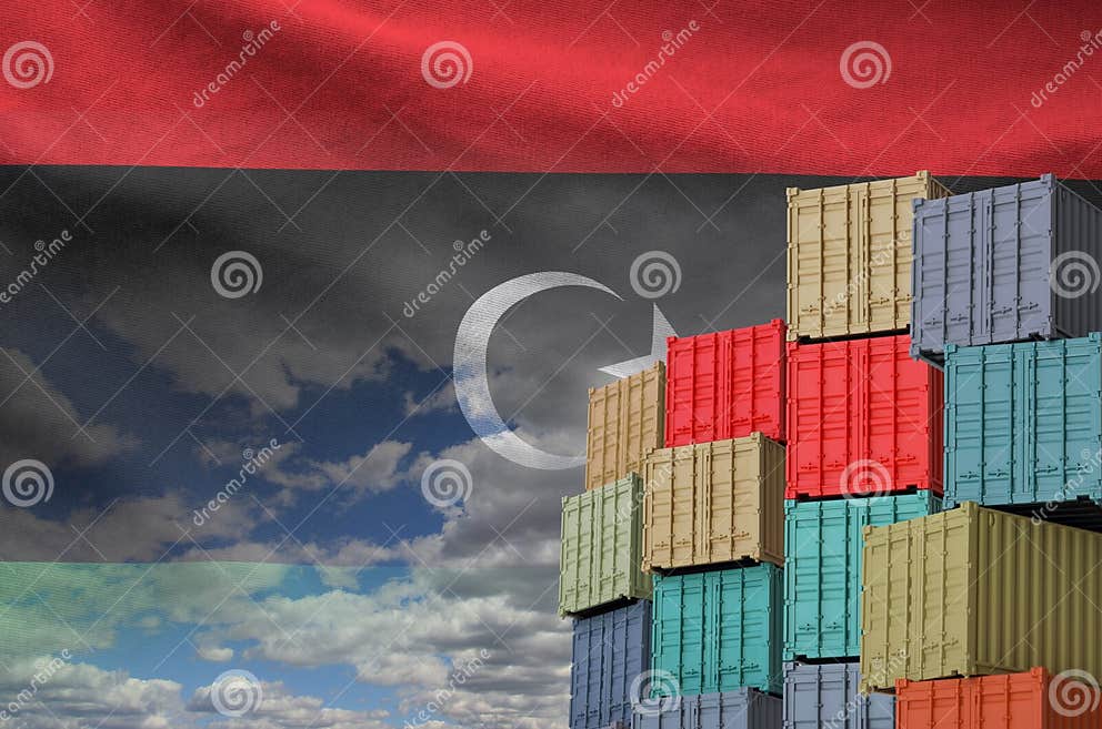 Libya Flag and Big Stack of Shipping Cargo Containers in Docks with Sky ...