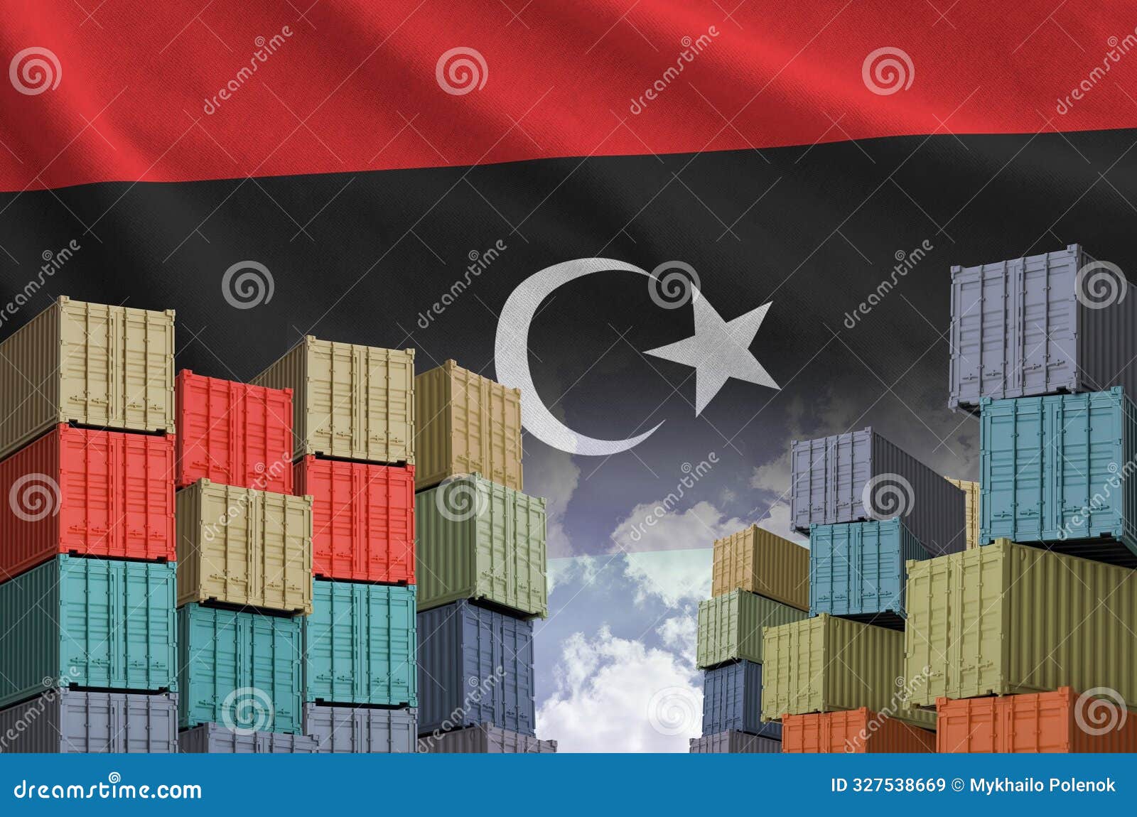 Libya Flag and Big Stack of Shipping Cargo Containers in Docks with Sky ...