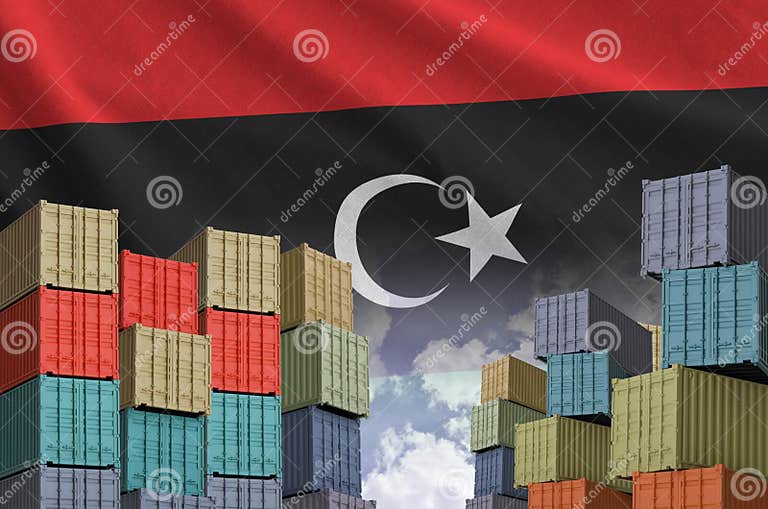Libya Flag and Big Stack of Shipping Cargo Containers in Docks with Sky ...